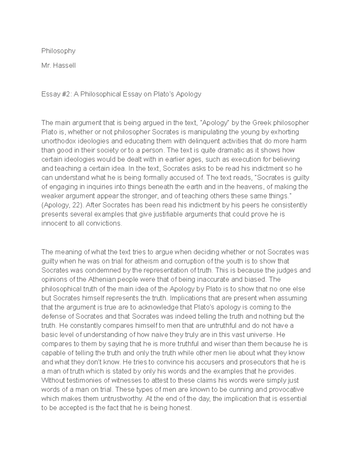 Essay #2 A Philosophical Essay on Plato's Apology - Philosophy Mr ...