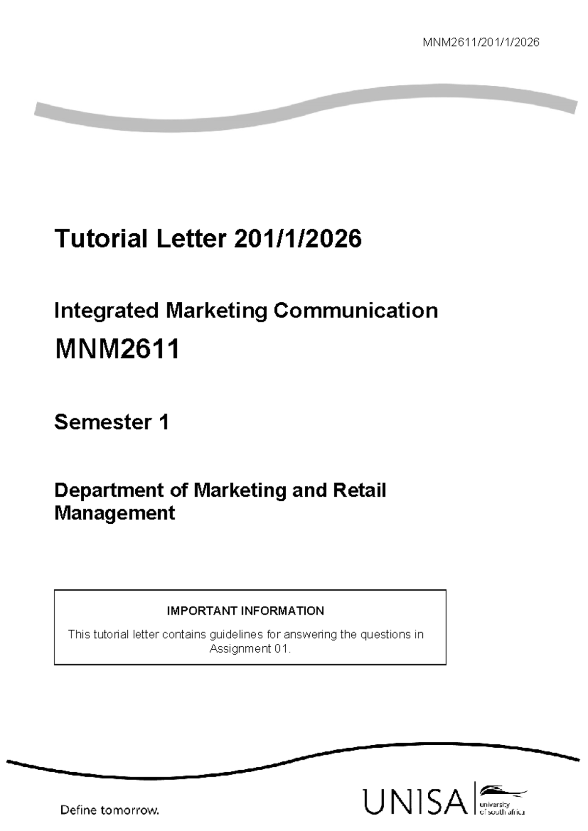 MNM2611 Tutorial Letter: Integrated Marketing Communication Assignment ...