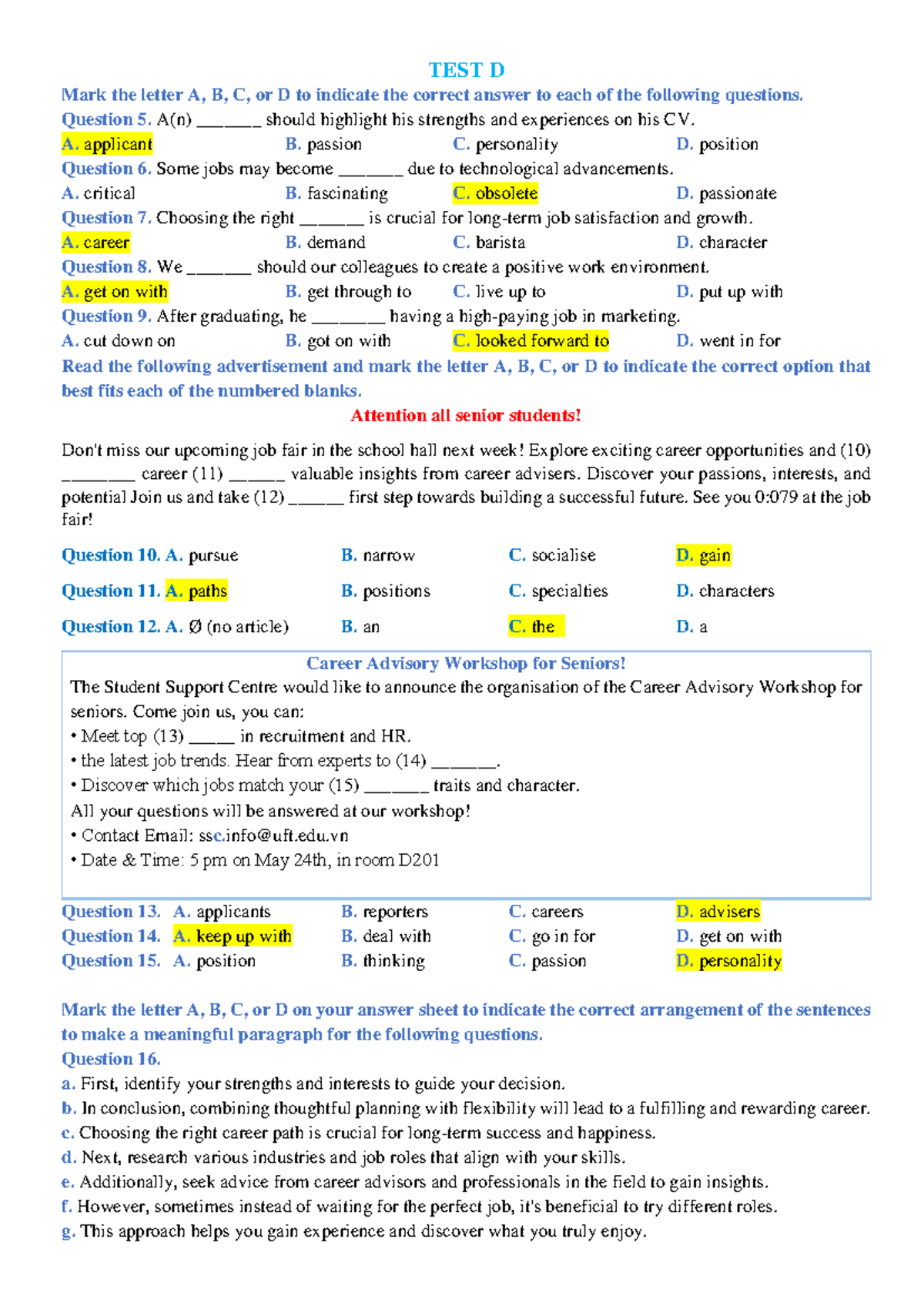 TEST D KEY - Answers and Explanations for Exam Questions - Studocu