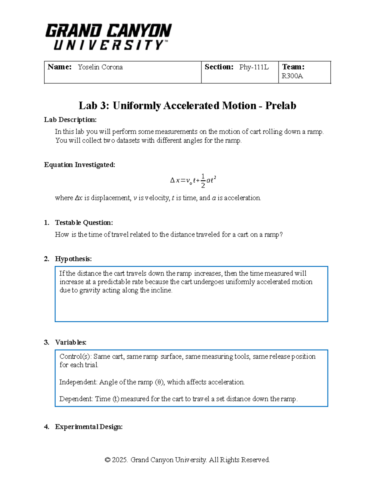 PHY111L Lab 3 Prelab: Uniformly Accelerated Motion Analysis - Studocu