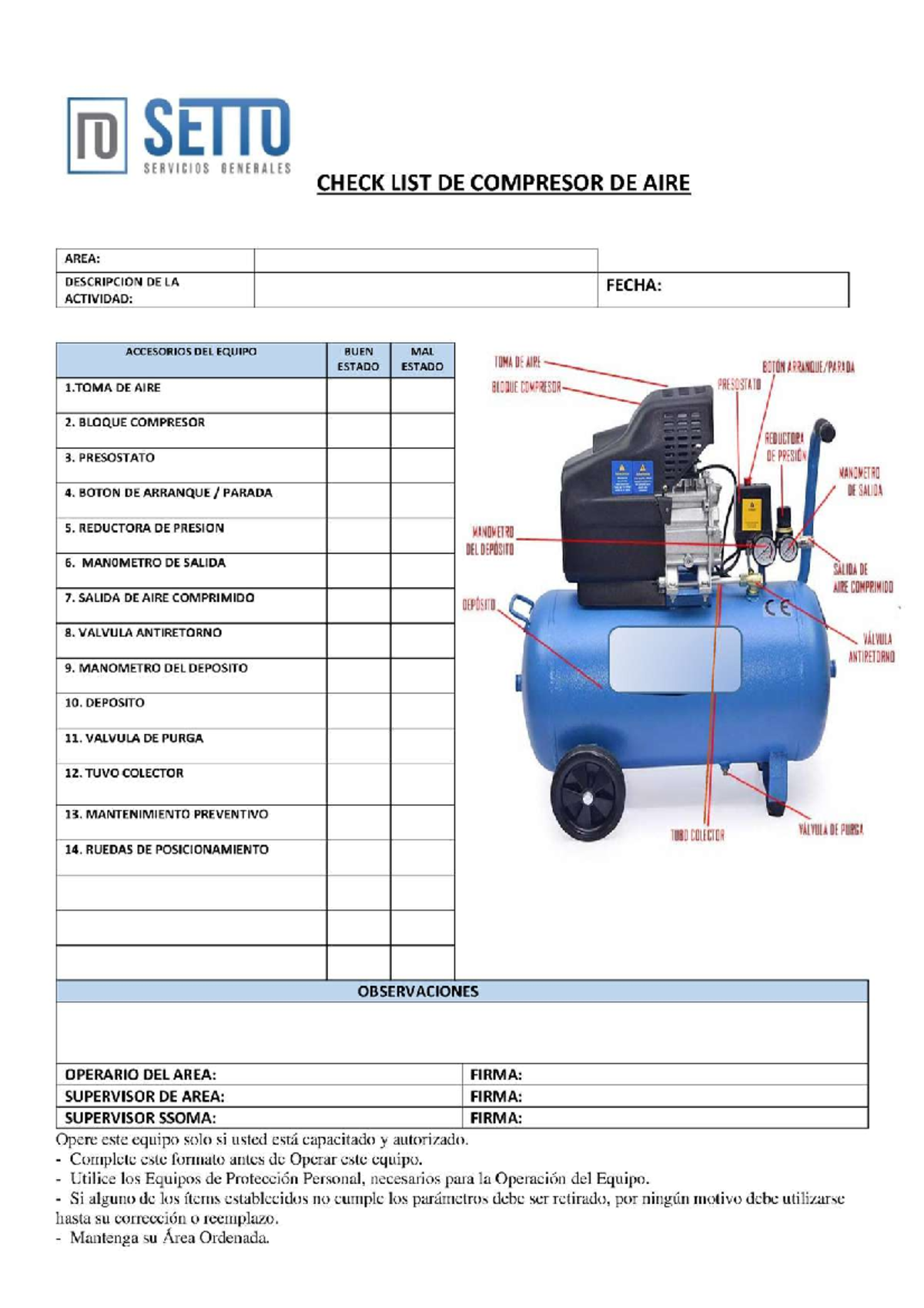 Checklist de Compresor de Aire - Mantenimiento y Seguridad - Studocu