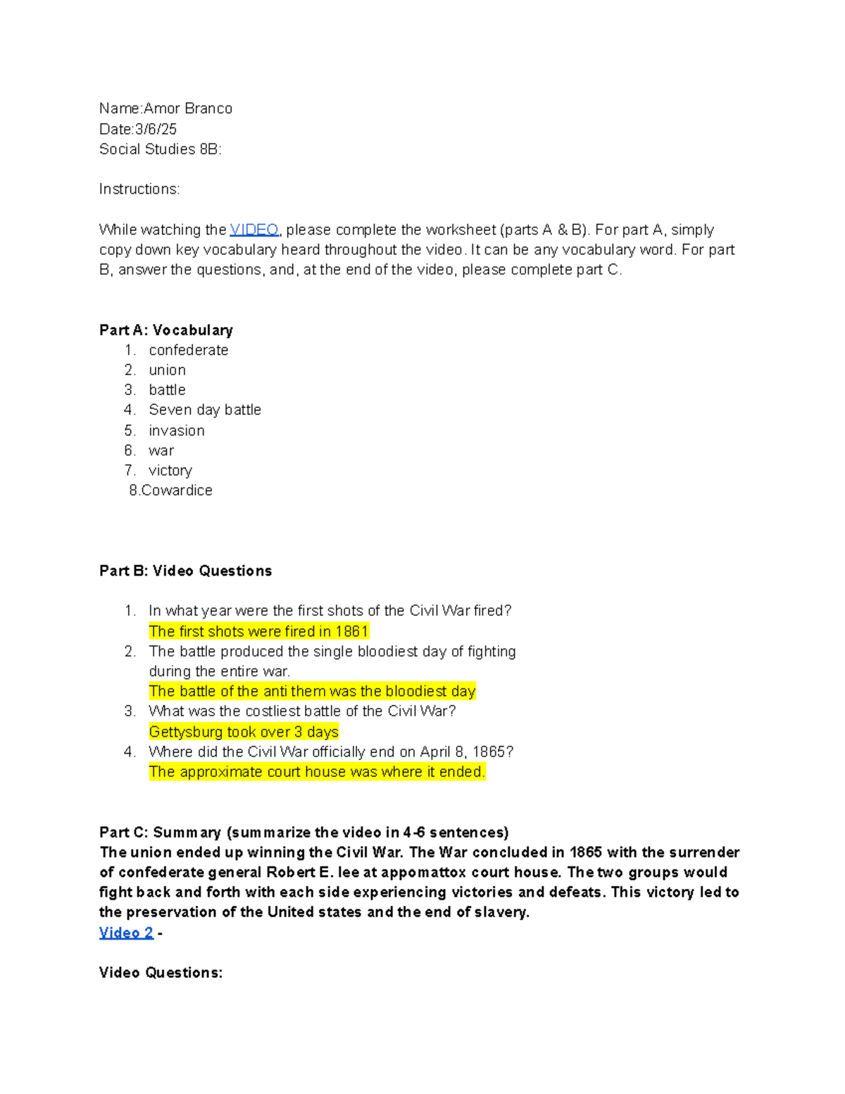 Civil Studies 8B: Civil War Video Worksheet & Questions - Studocu