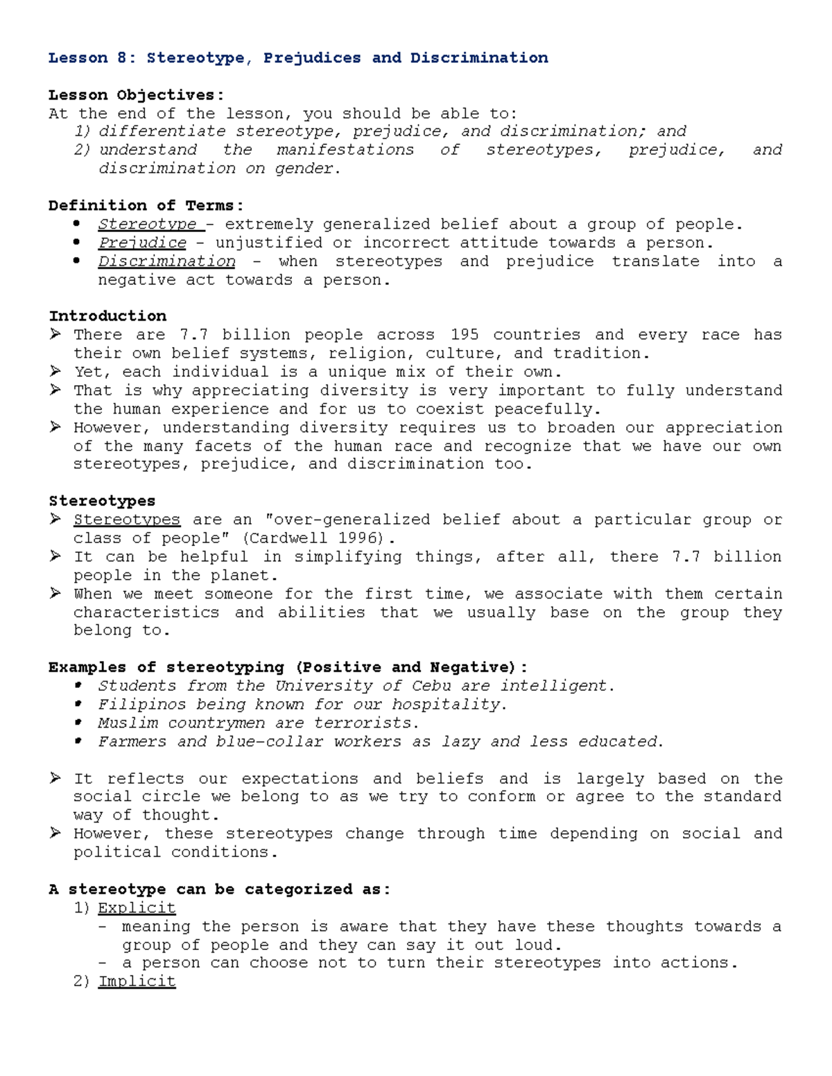 GS Lesson 8: Stereotypes, Prejudices, & Discrimination Overview - Studocu