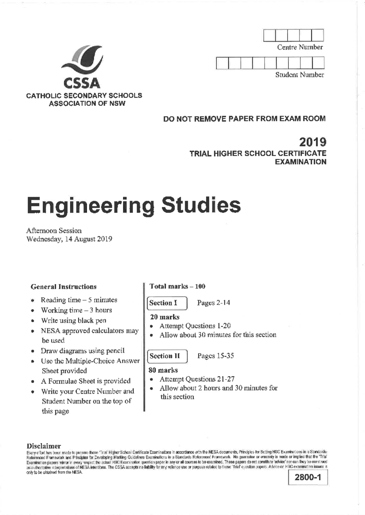 Engineering Studies CSSA Trial HSC Exam 2019 - Studocu