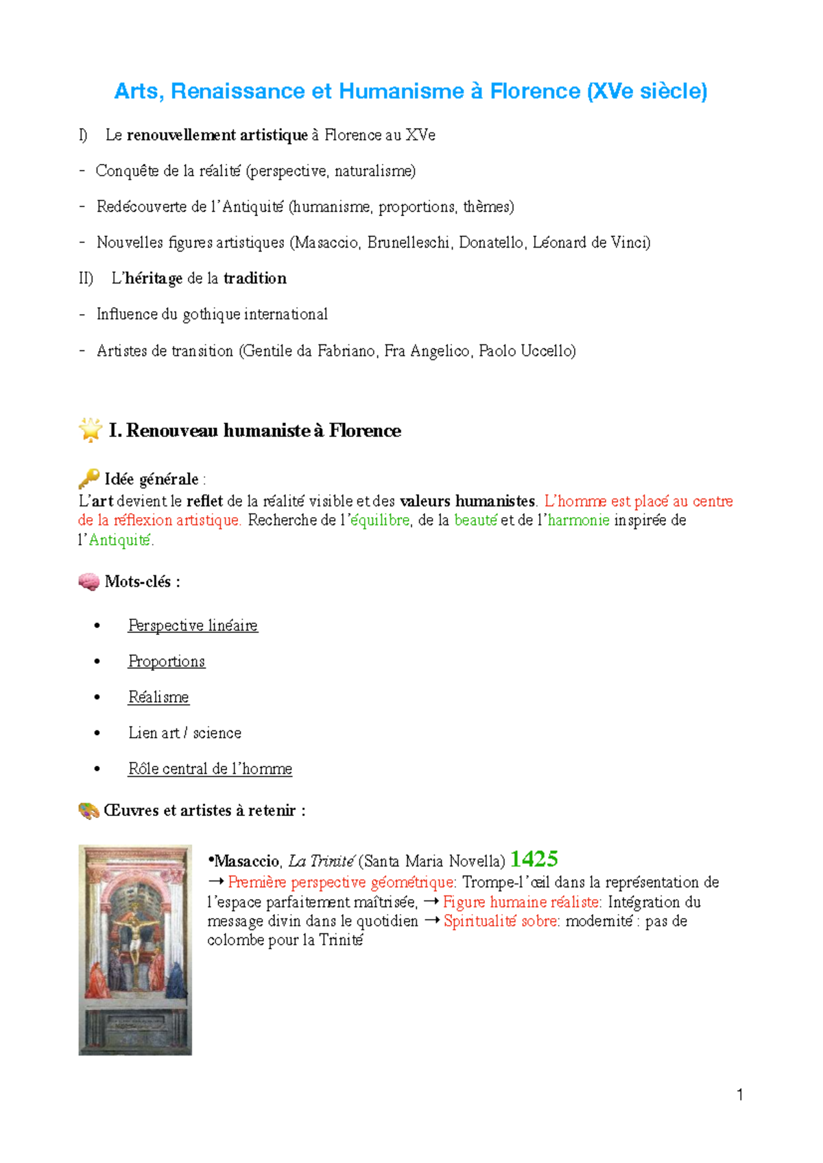 Révision Part 1 : Arts, Renaissance et Humanisme à Florence - Studocu