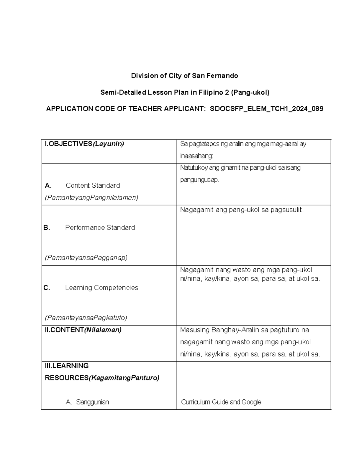 Semi-Detailed Lesson Plan in Filipino 2: Pang-ukol (SDOCSFP_ELEM_TCH1 ...