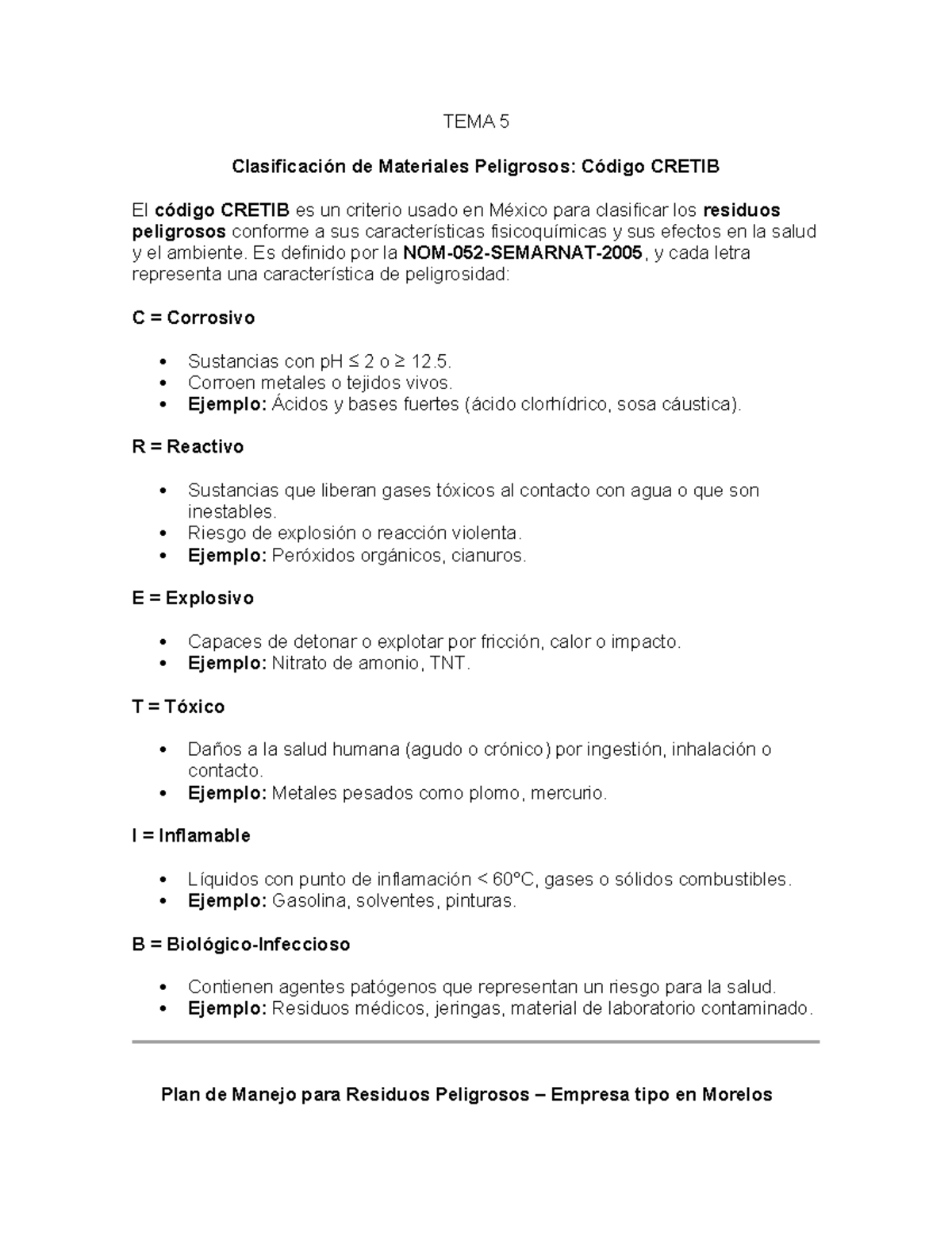 TEMA 5 - Clasificación de Materiales Peligrosos según CRETIB - Studocu