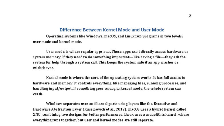 2 Differences Between Kernel Mode & User Mode - Assignment 1 - Studocu