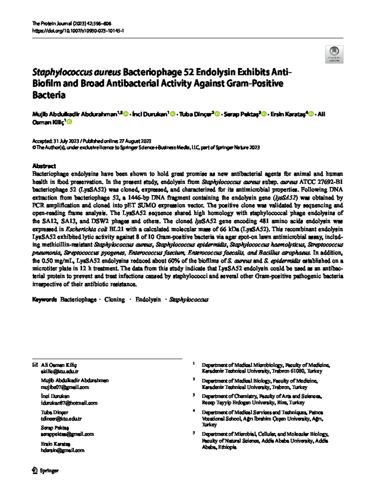 [2023] Staphylococcus aureus Bacteriophage 52 Endolysin: Anti-Biofilm ...