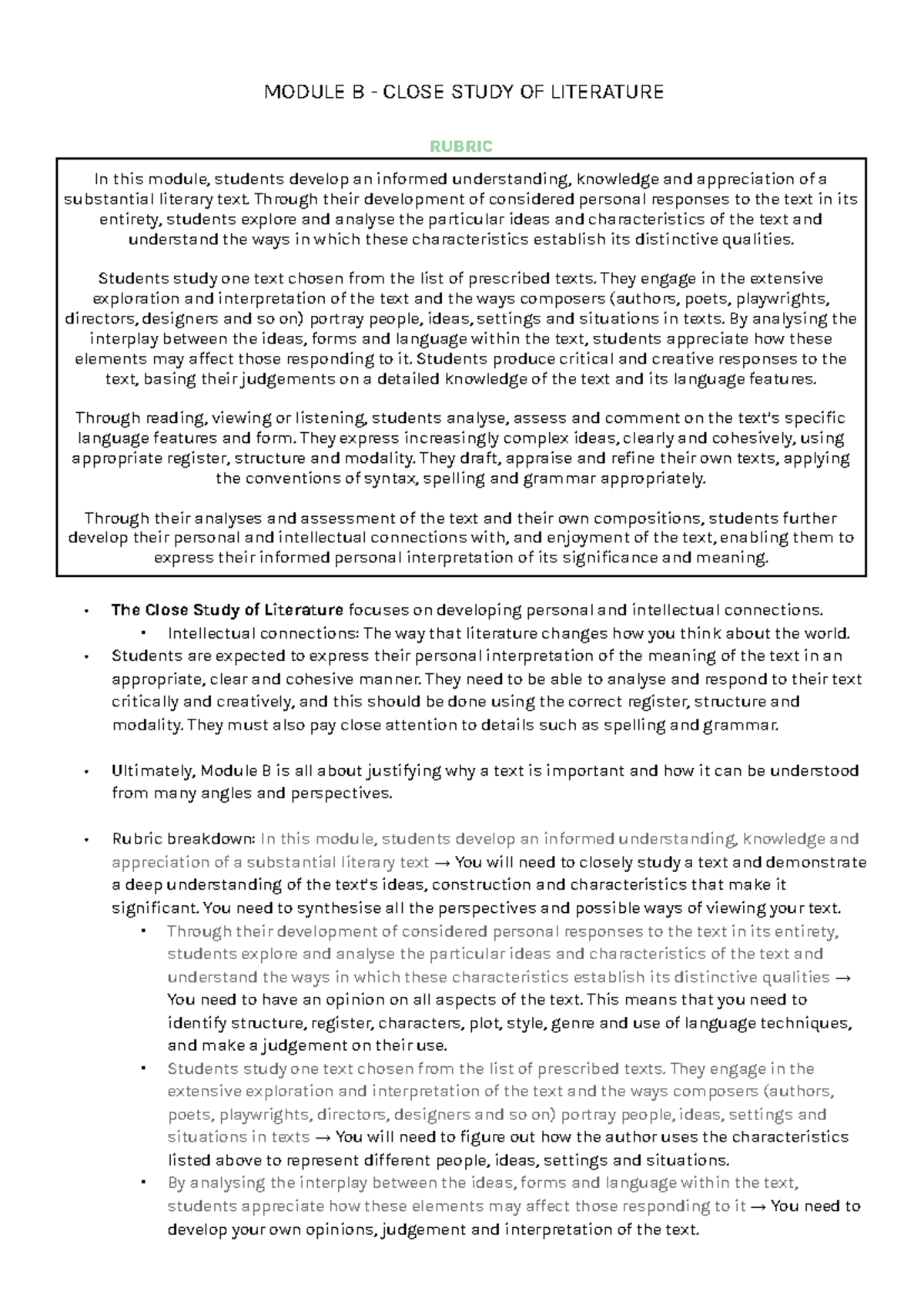 Module B: Close Study of Literature Summary and Rubric Analysis - Studocu