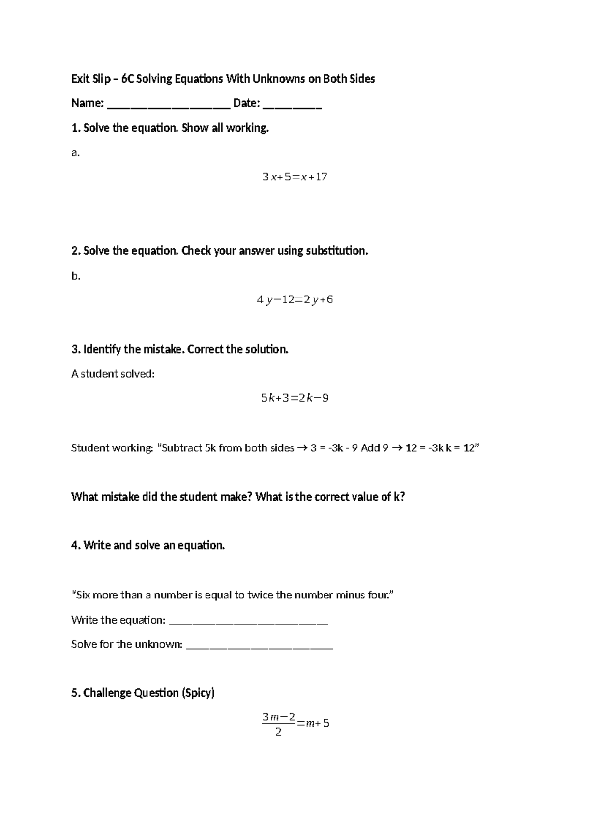 6C Exit Slip: Solving Equations with Unknowns on Both Sides - Studocu