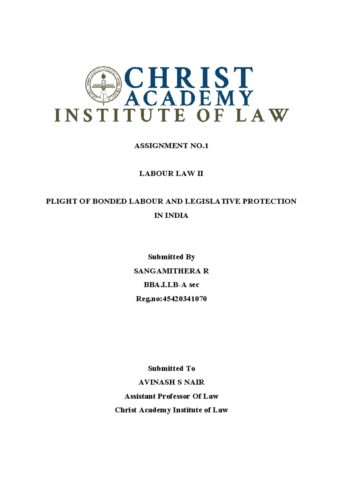 Labour Law II Assignment: Bonded Labour & Legislative Protection - Studocu
