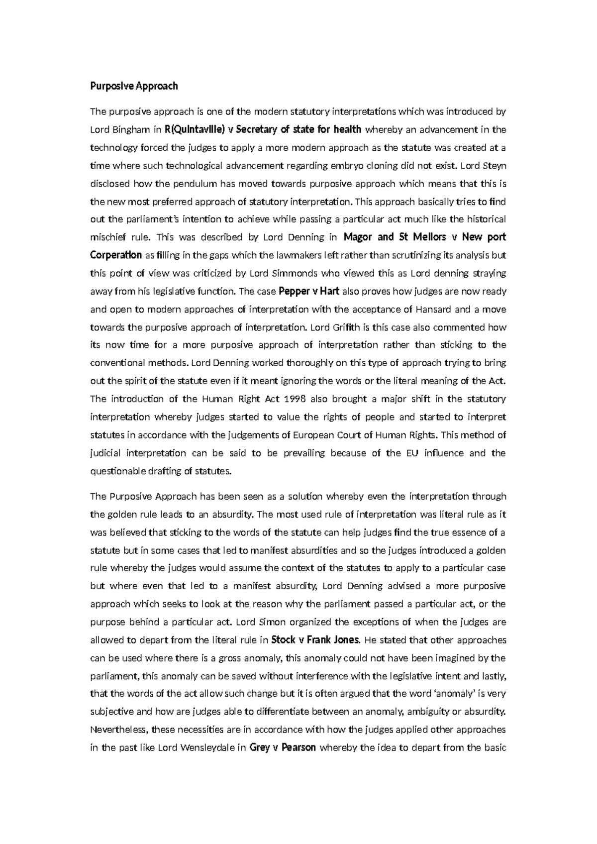 The purposive approach in statutory interpretation: An analysis - Studocu