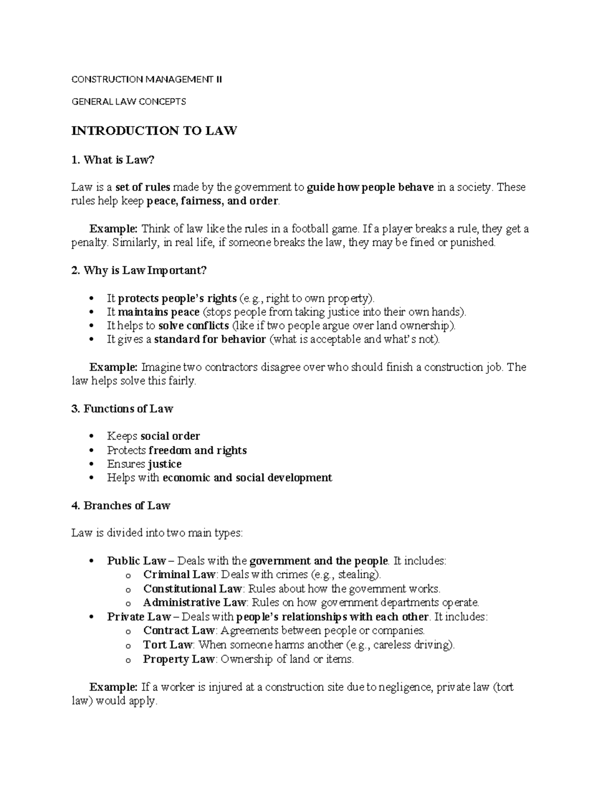 Construction Management II - Introduction to General Law Concepts - Studocu
