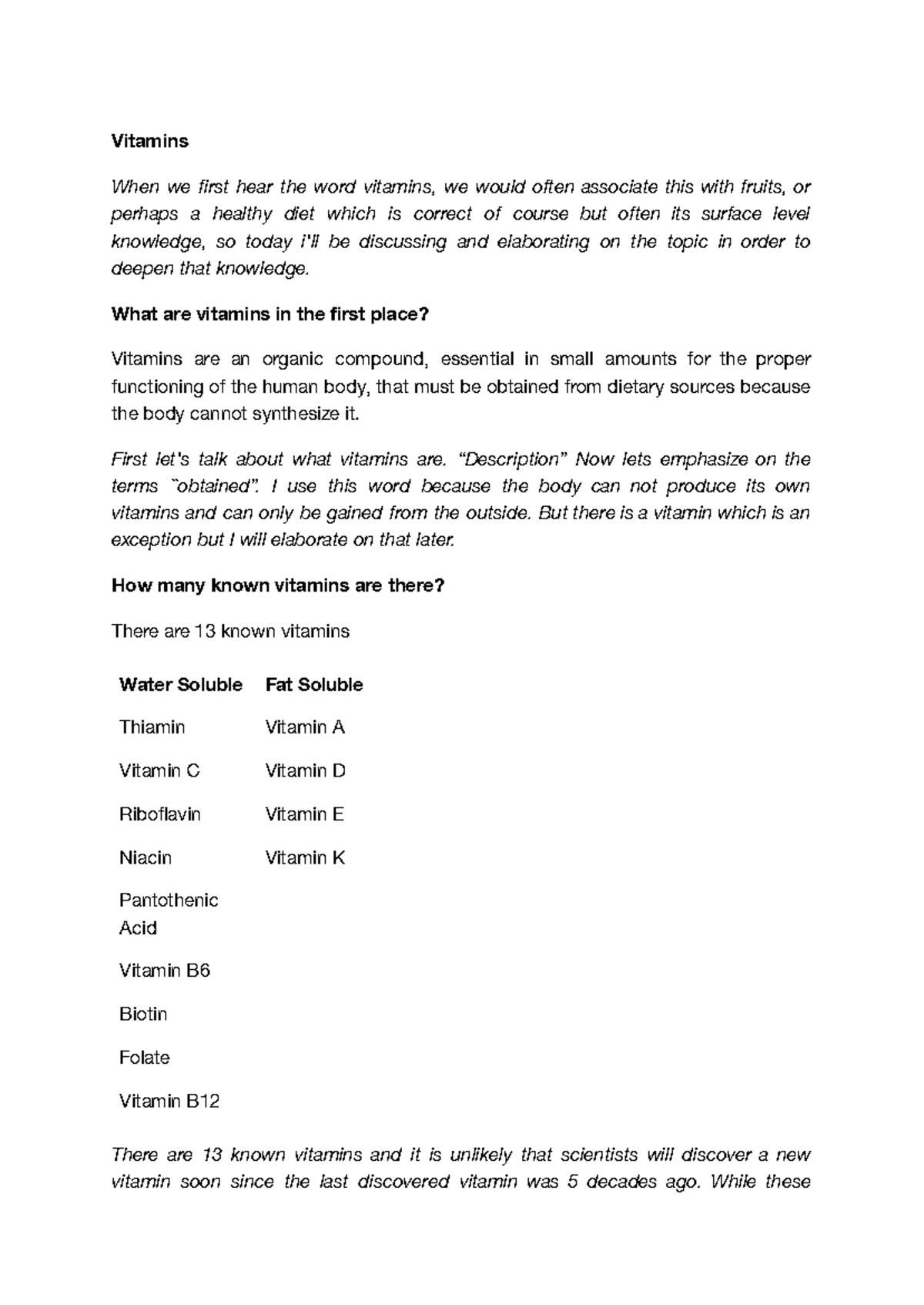 Vitamins Notes - Comprehensive Overview and Summary - BLD 101 - Studocu