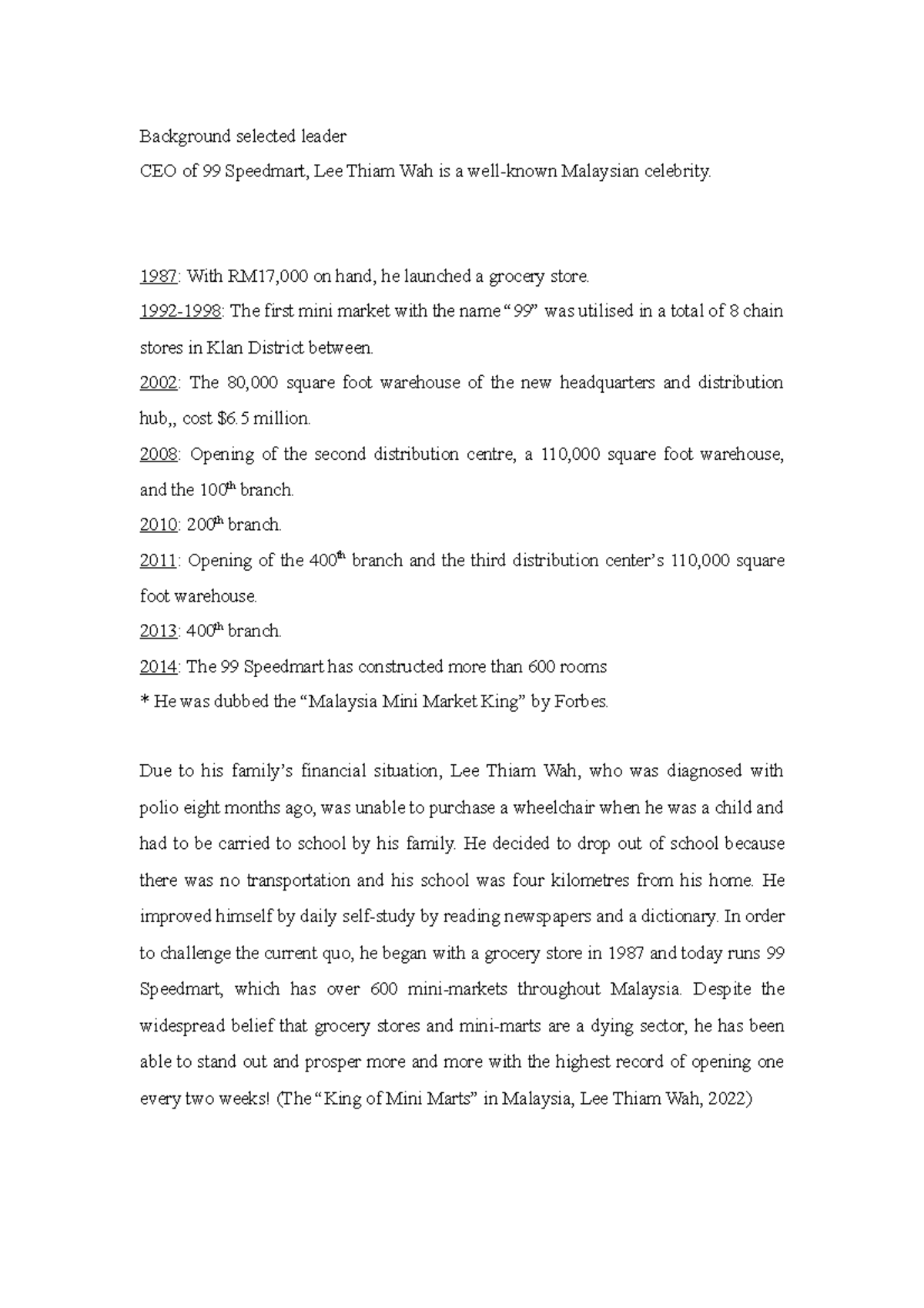 Management assigment - lee thiam wah - Background selected leader CEO ...