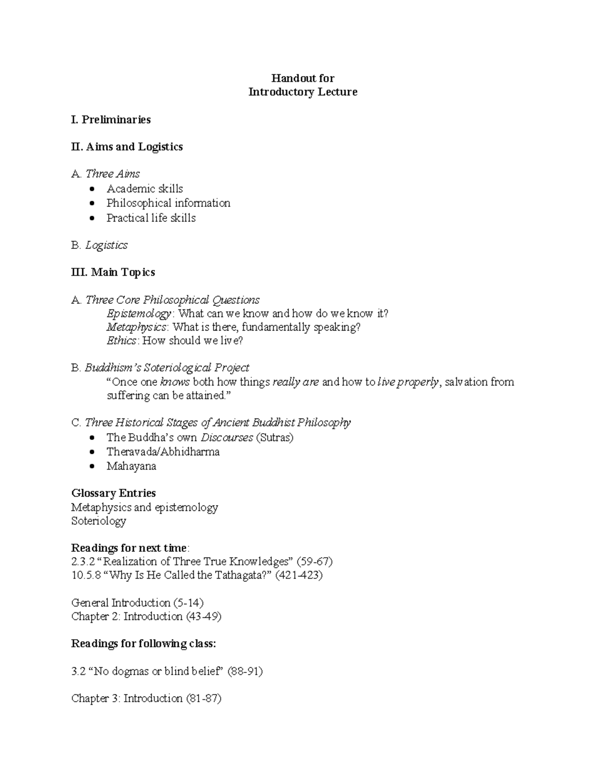 Week 1 Lecture Handout - Intro to Philosophy & Logistics (PHIL101 ...