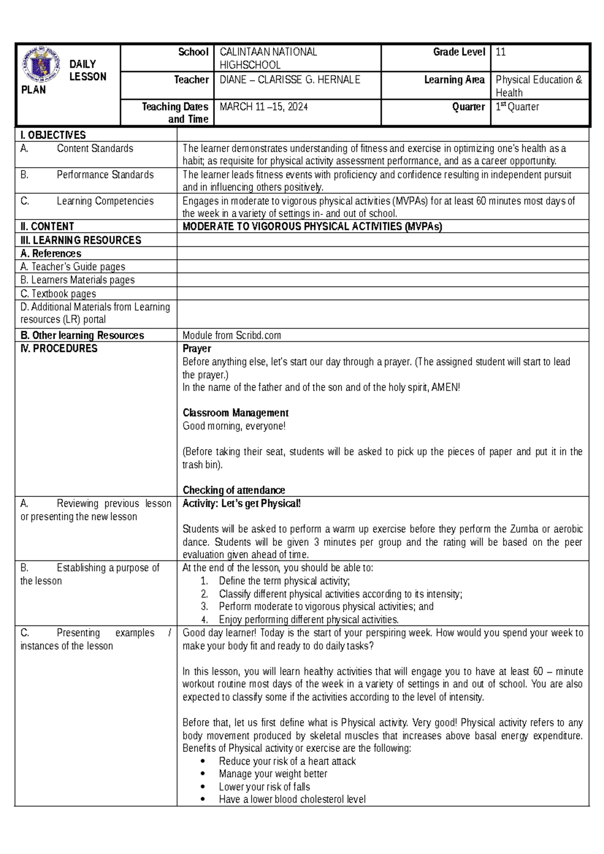 WEEK 4 PE&Health - physical education - DAILY LESSON PLAN School ...