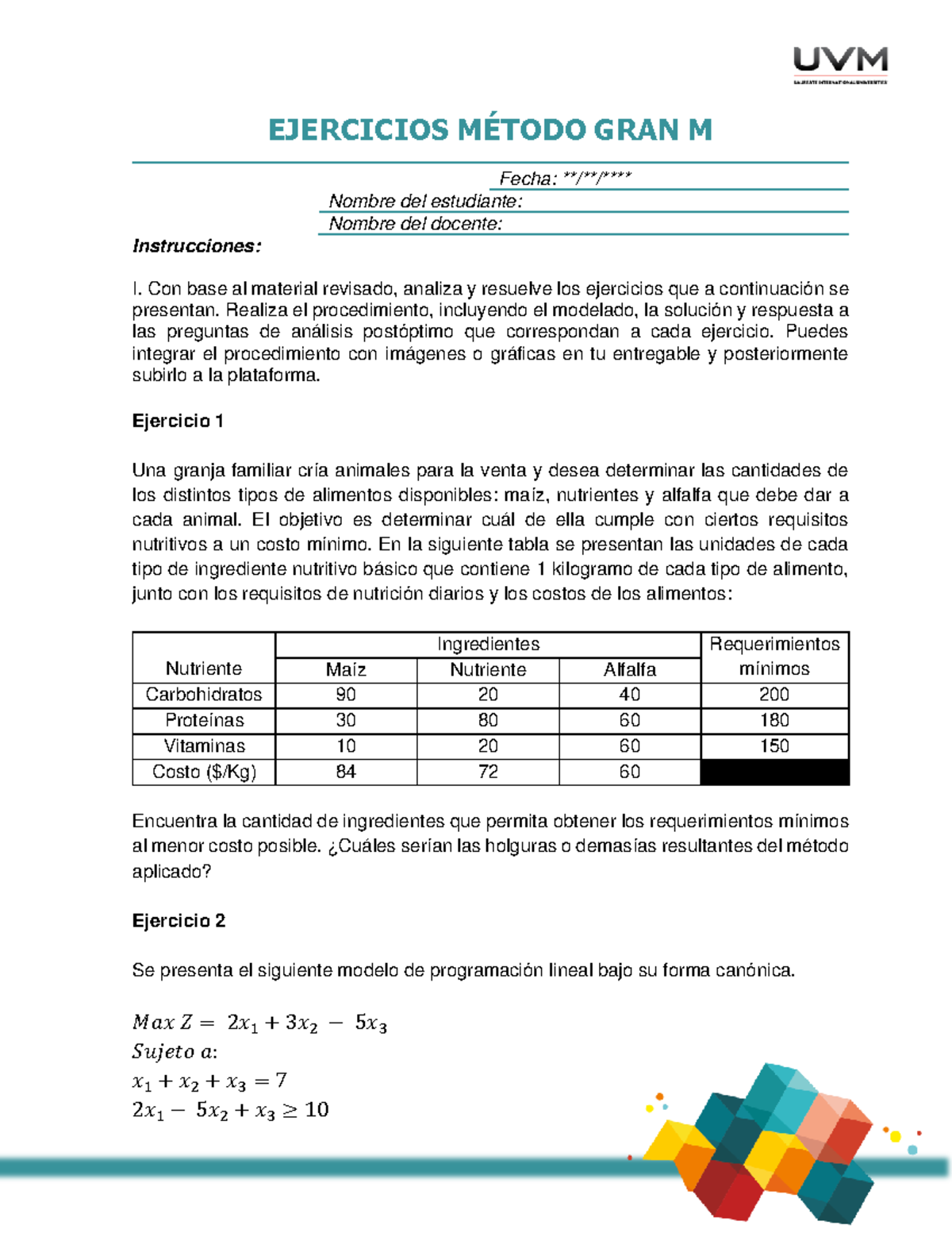 Ejercicios Método Gran M - Optimización y Programación Lineal - Studocu