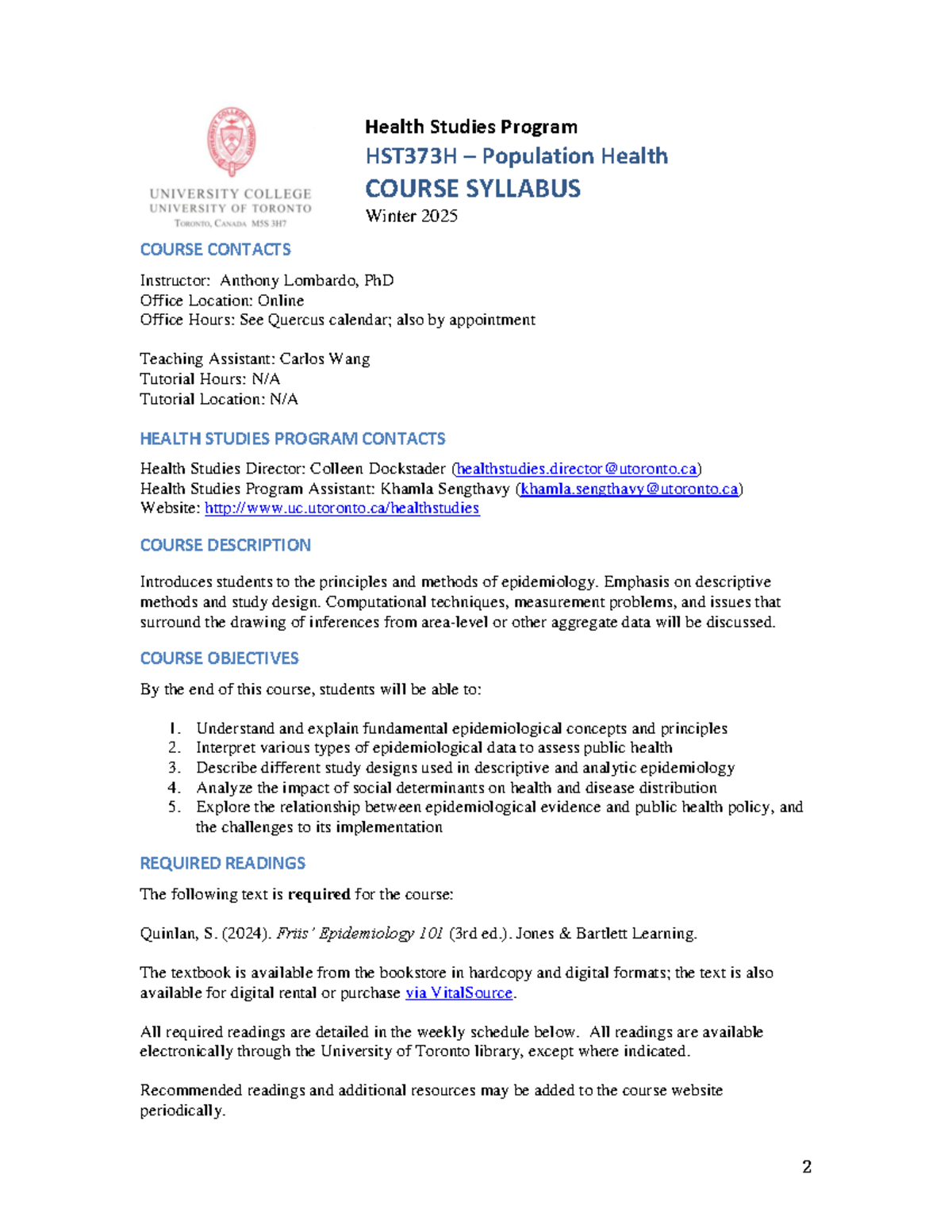 HST373H Winter 2025 - Population Health Course Syllabus Overview - Studocu