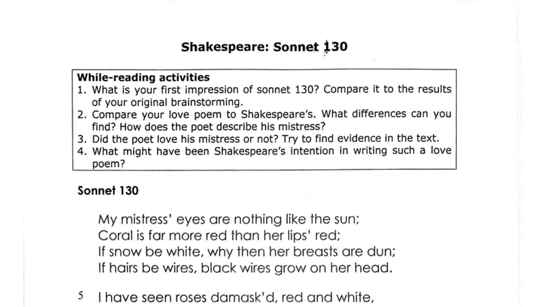 Shakespeare: Sonnet 130 Analysis & Activities - Studocu