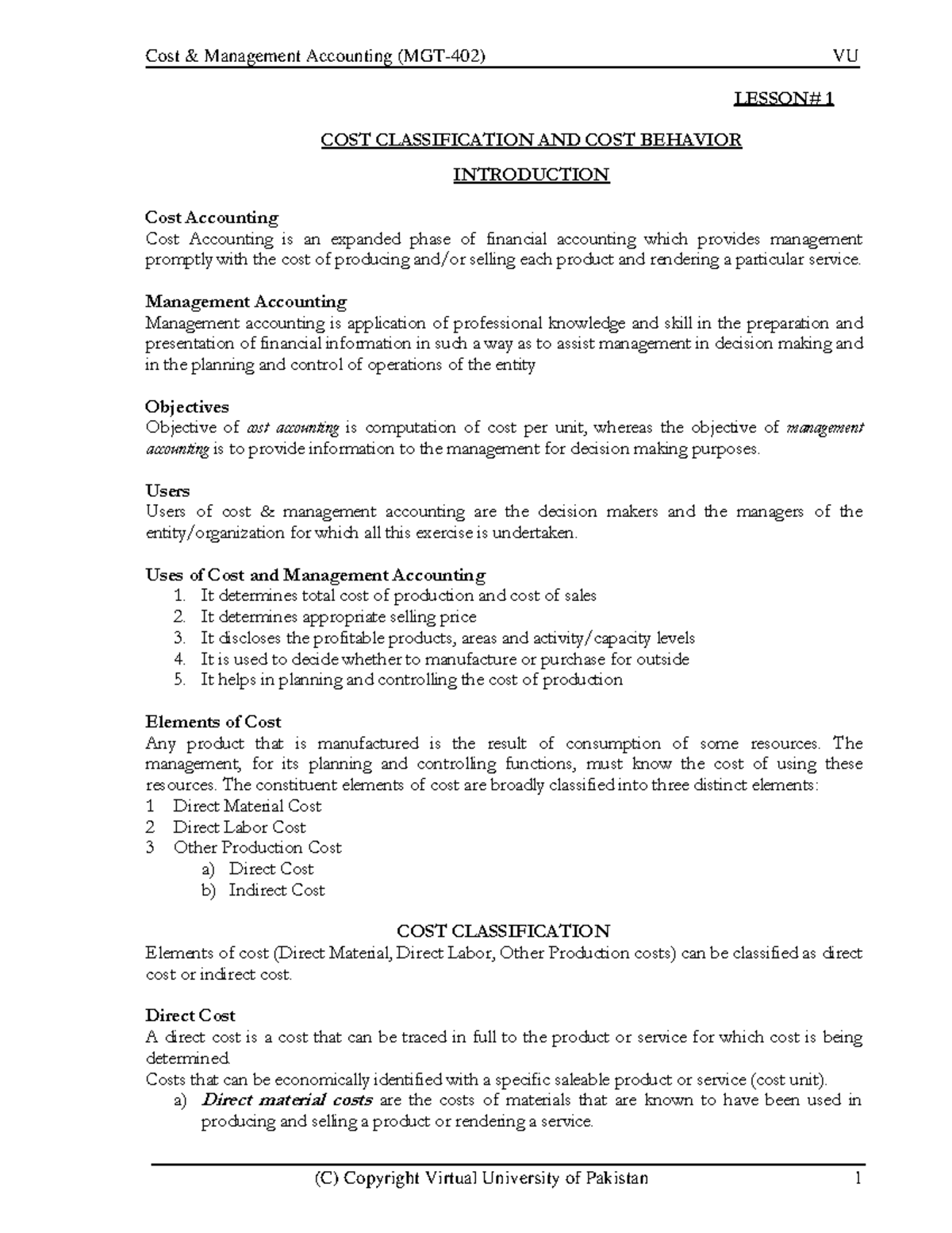 Cost & Management Accounting - LESSON# 1 COST CLASSIFICATION AND COST ...