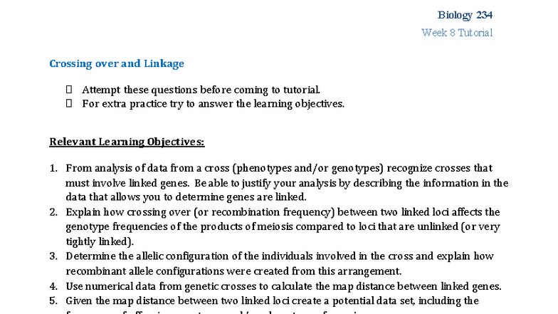 Biology 234 Week 8 Tutorial: Crossing Over & Linkage Analysis - Studocu