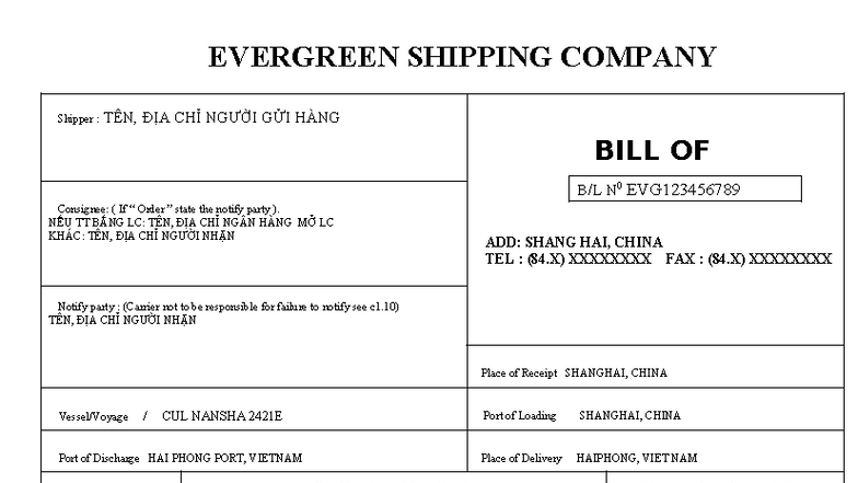 Bill of Lading - EVERGREEN SHIPPING CO. - EVG123456789 - Studocu