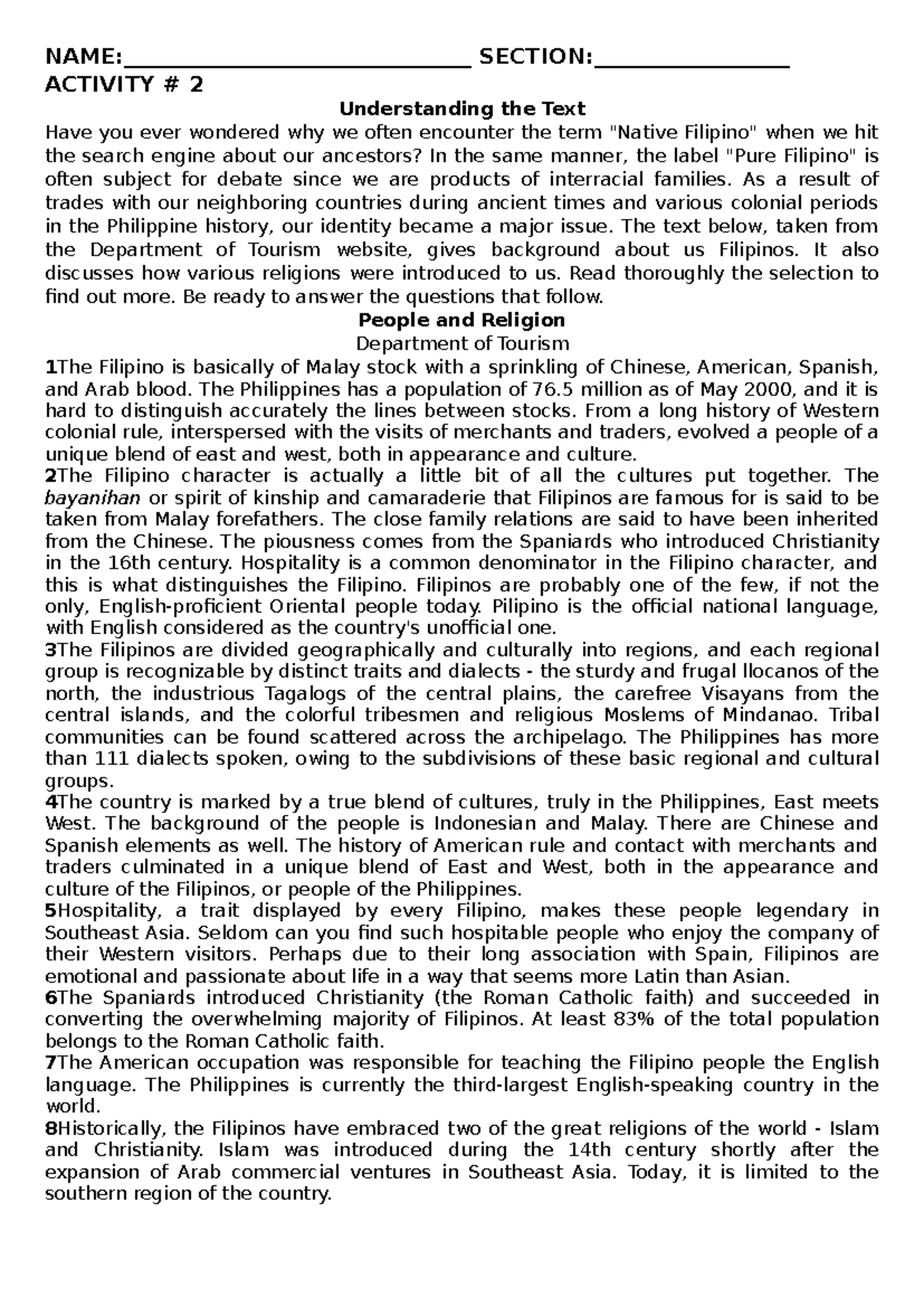 ACT 2 21ST - Lesson References on Filipino Identity and Culture - Studocu