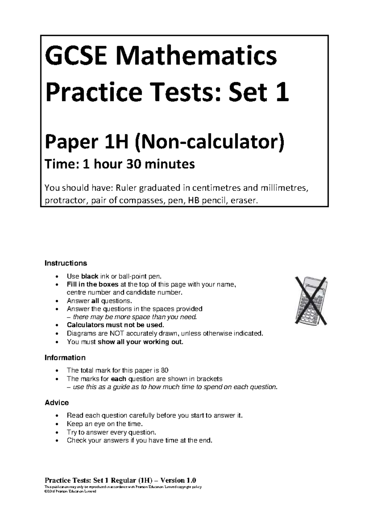 GCSE Maths Practice Test: Set 1 Paper 1H (1.5 Hours) - Studocu