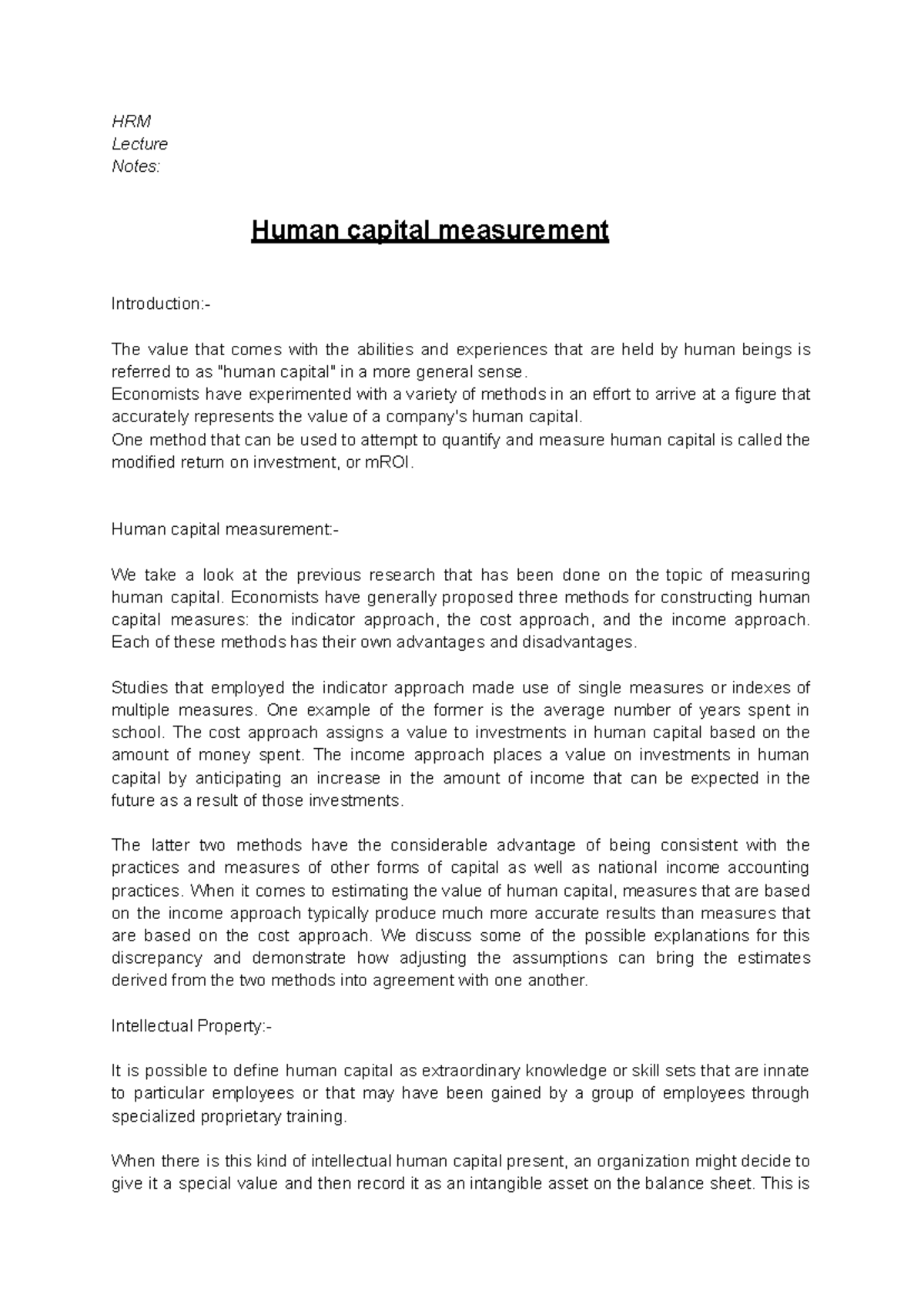 Human capital measurement - HRM Lecture Notes: Human capital ...