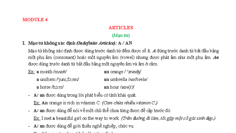 MODULE 4: Indefinite and Definite Articles - Key Concepts - Studocu