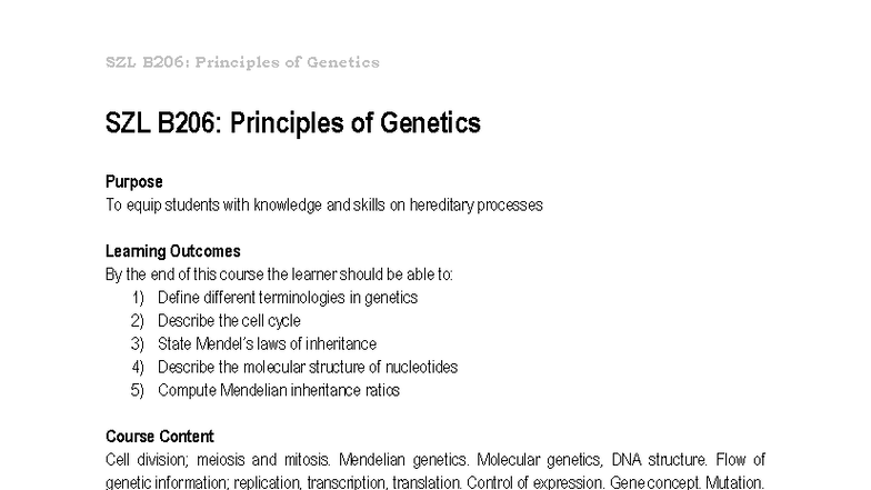 SZL B206: Comprehensive Notes on Principles of Genetics - Studocu