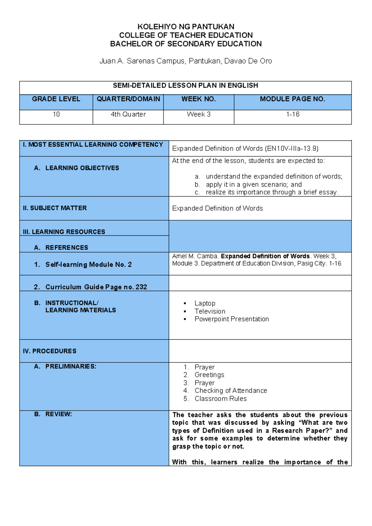 Lesson Plan - LP Guide for Students - COLLEGE OF TEACHER EDUCATION ...