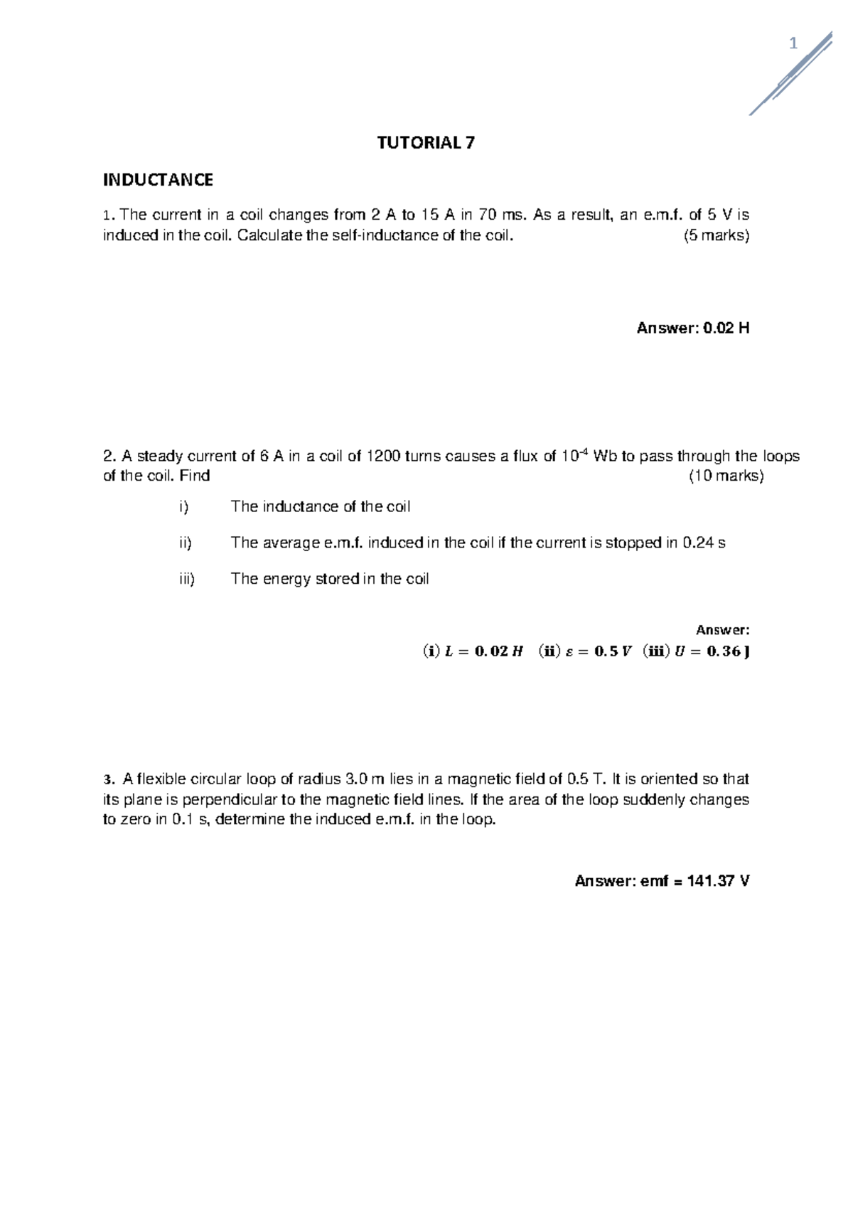 Physics Tutorial 7 - 1 TUTORIAL 7 INDUCTANCE The current in a coil ...