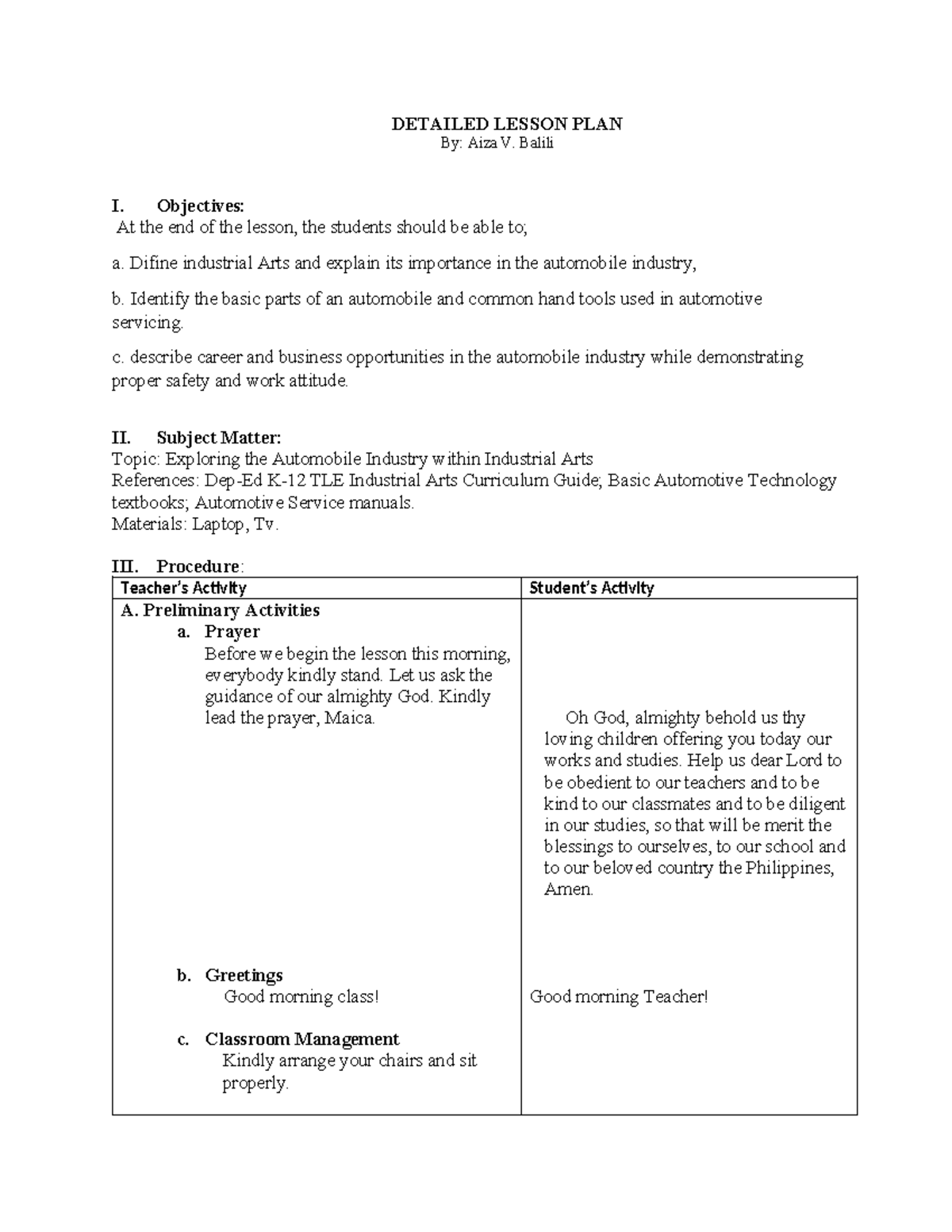Detailed Lesson Plan on Industrial Arts: Exploring the Automobile ...