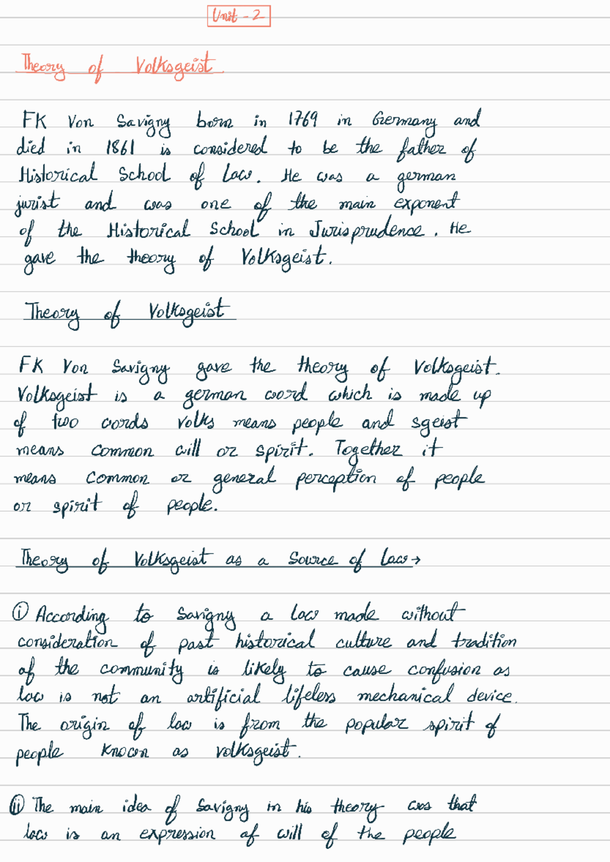 Jurisprudence Unit 2: The Theory of Volksgeist by Savigny - Studocu
