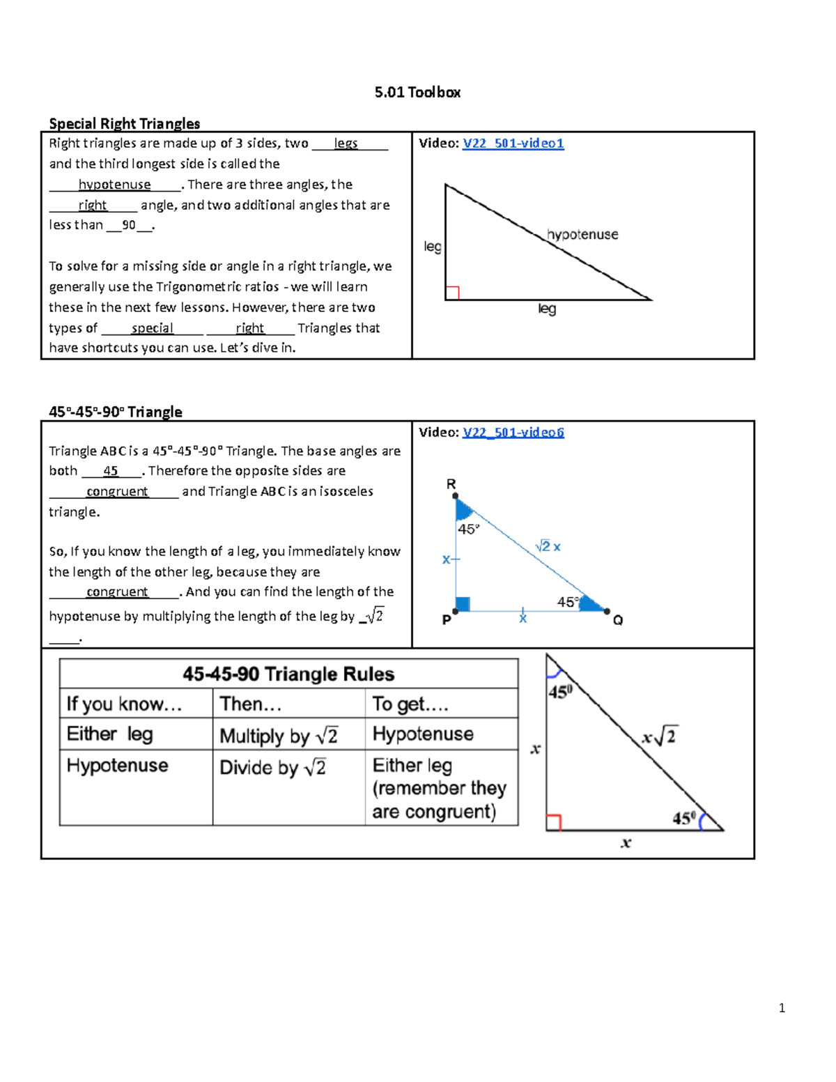V22 501 Toolbox: Special Right Triangles & Radicals Review - Studocu