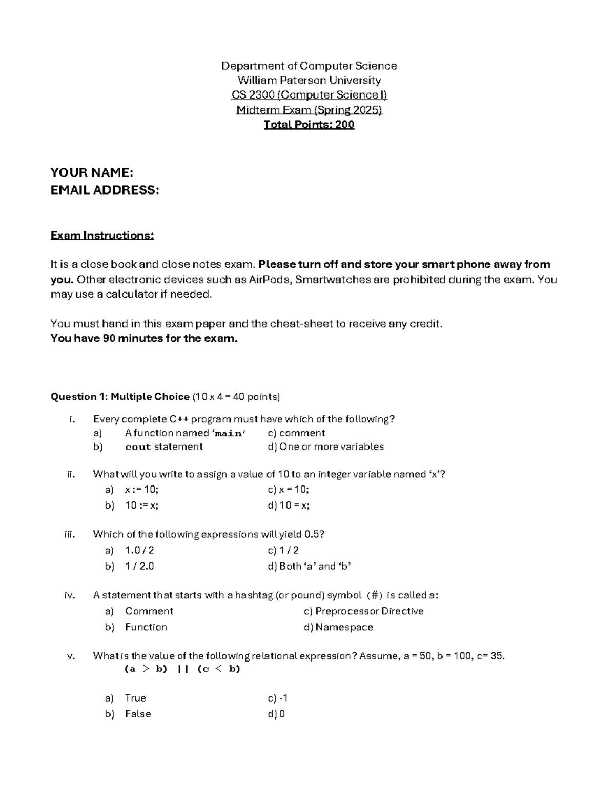 CS 2300 Midterm Exam Questions and Solutions (Spring 2025) - Department ...