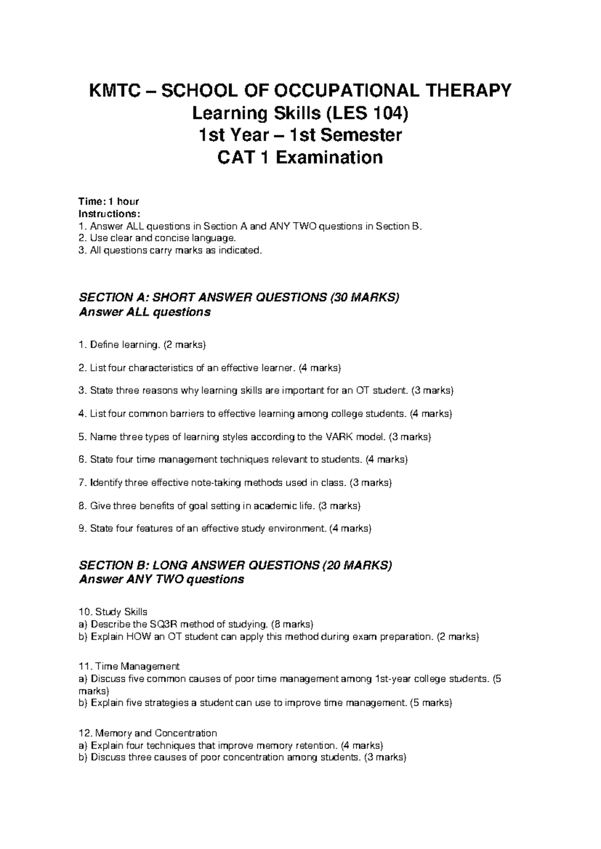 KMTC SCHOOL OF OCCUPATIONAL THERAPY Learning Skills (LES 104) 1st Year ...