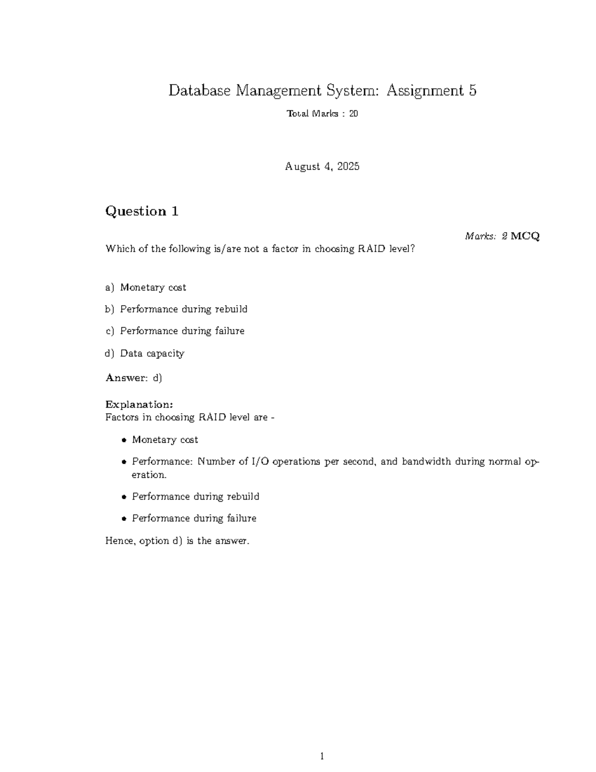 Assignment 5: NPTEL DBMS Questions & Answers - July 2025 - Studocu