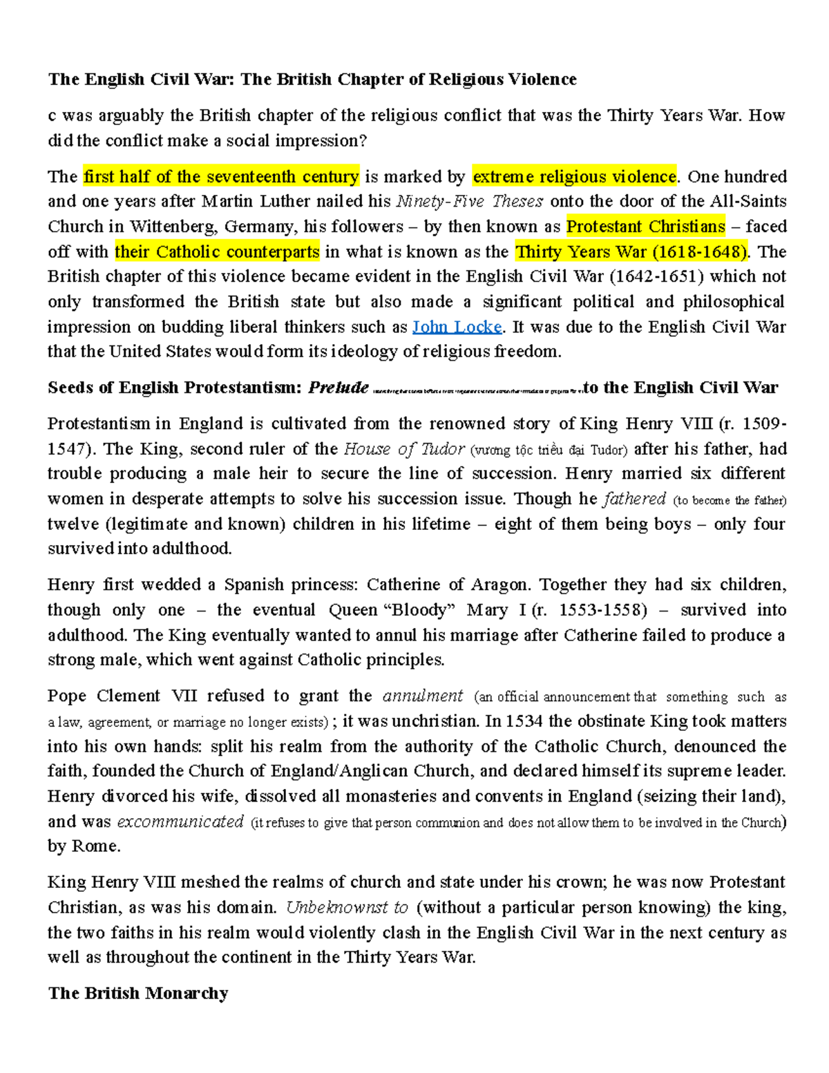 The English Civil War: A Prelude to Religious Conflict and Change - Studocu
