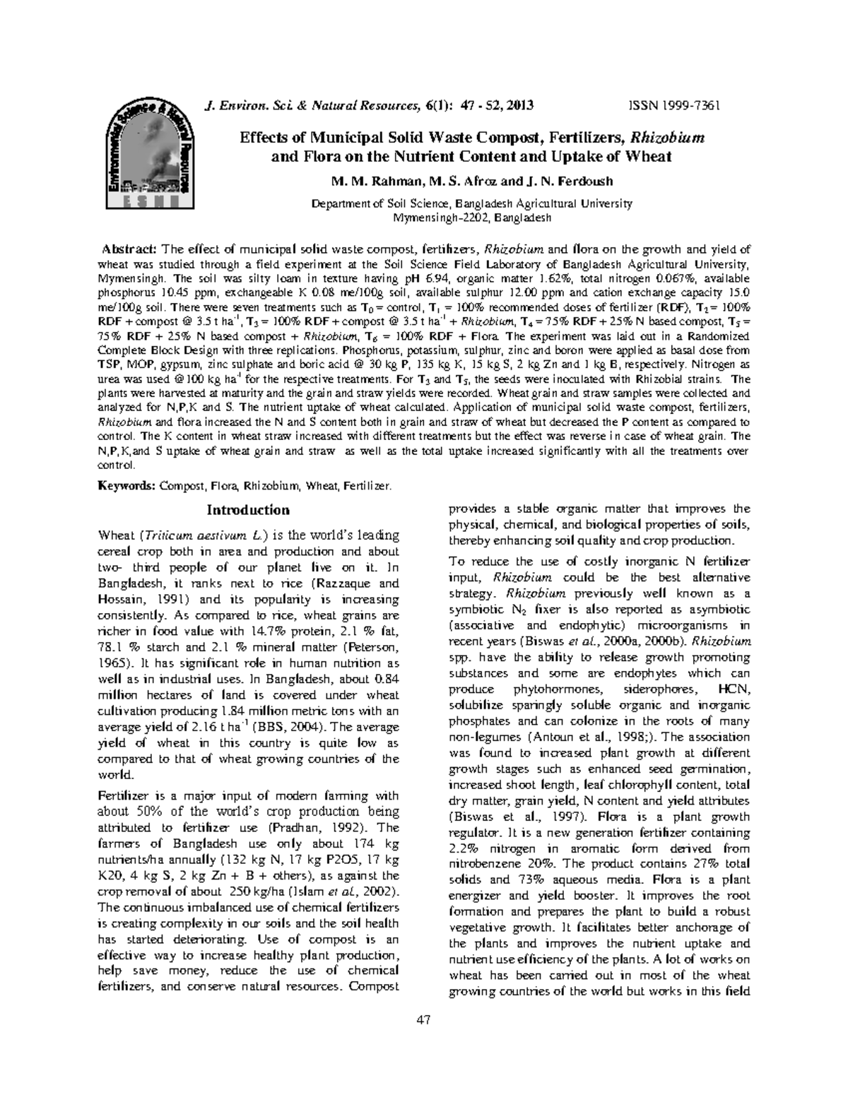 Effects of MSW Compost, Fertilizers & Rhizobium on Wheat Yield (AGRI ...