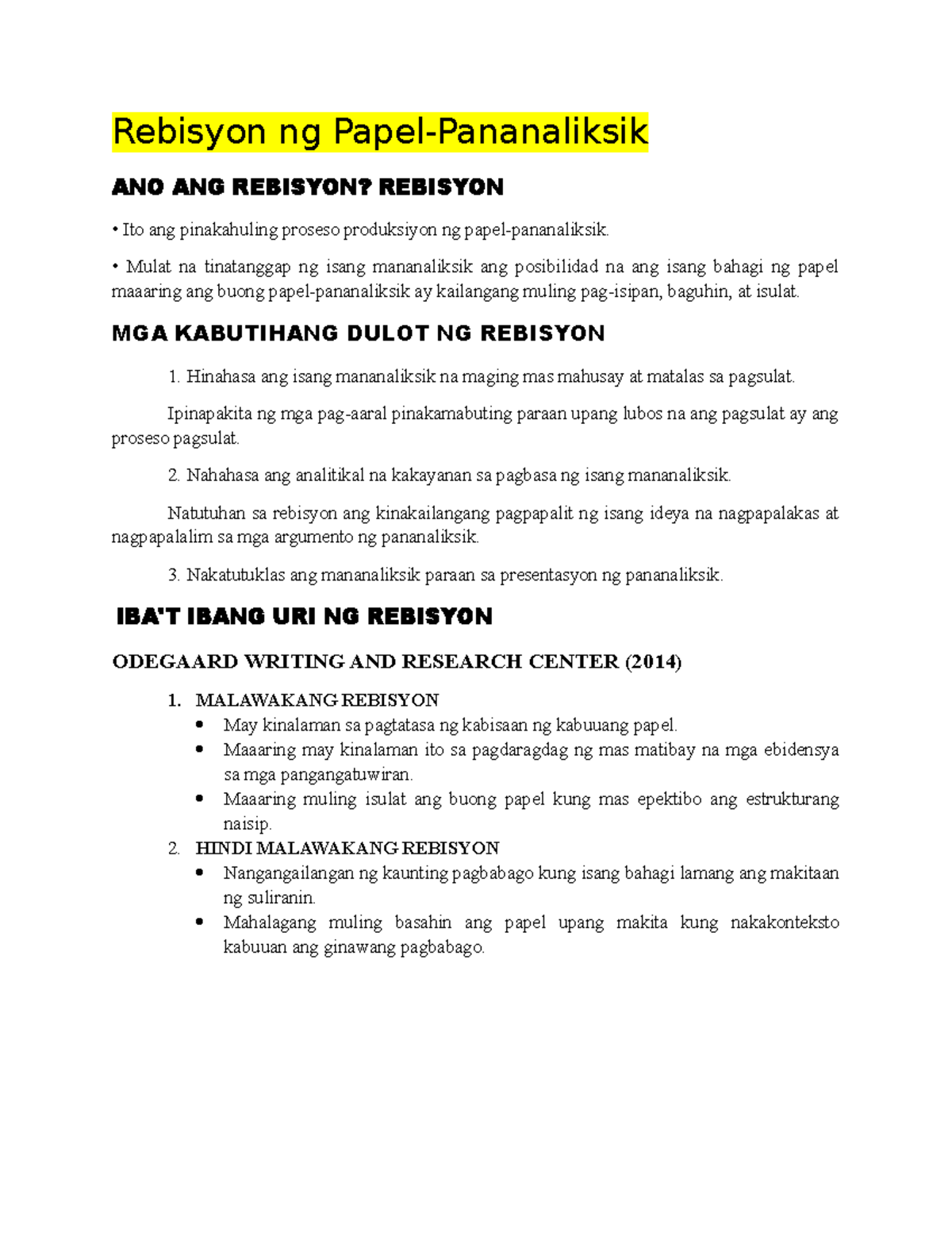 Rebisyon ng Papel - notes for pagbasa - Rebisyon ng Papel-Pananaliksik ...