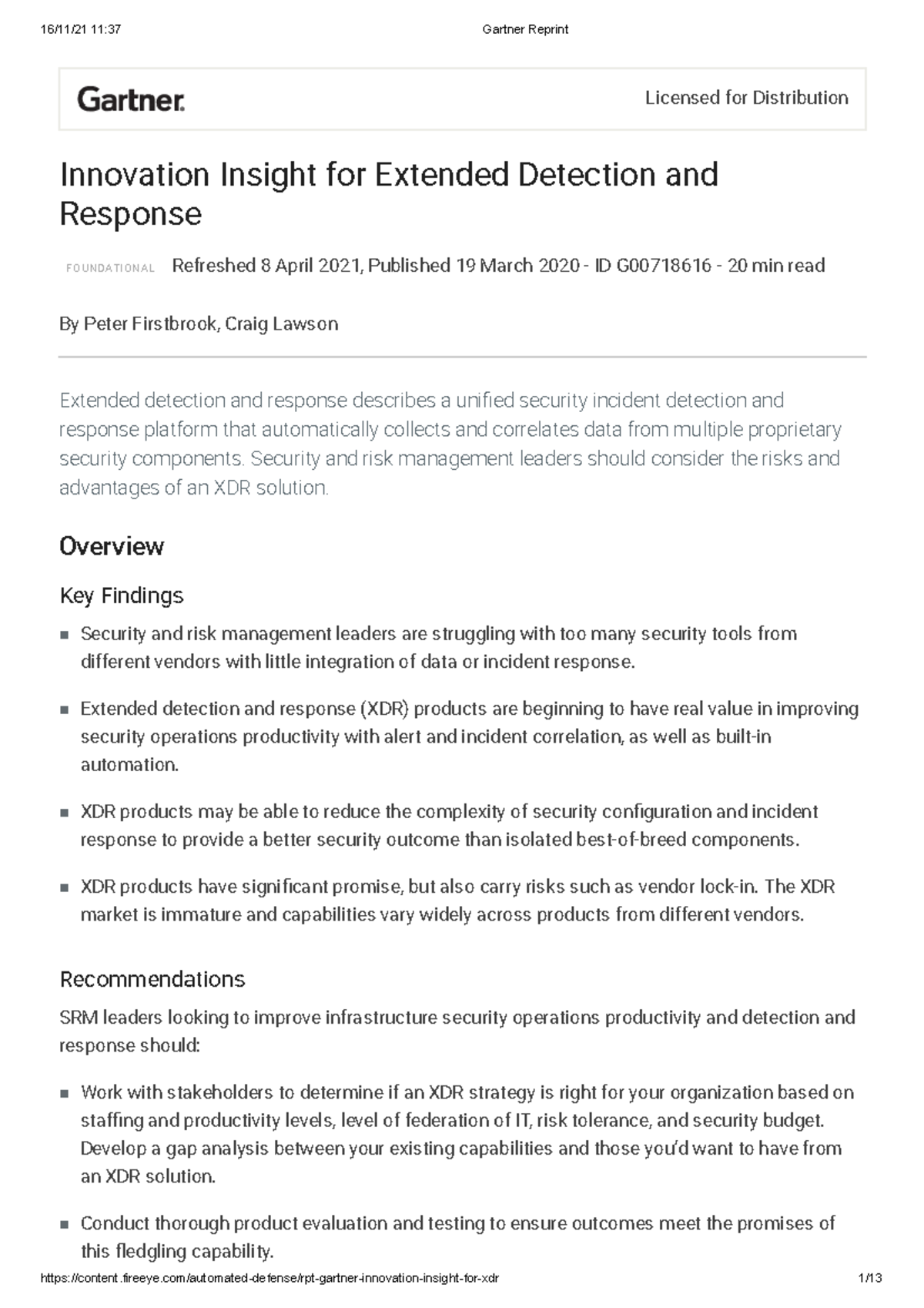 G00718616: Innovation Insight on Extended Detection & Response - Studocu