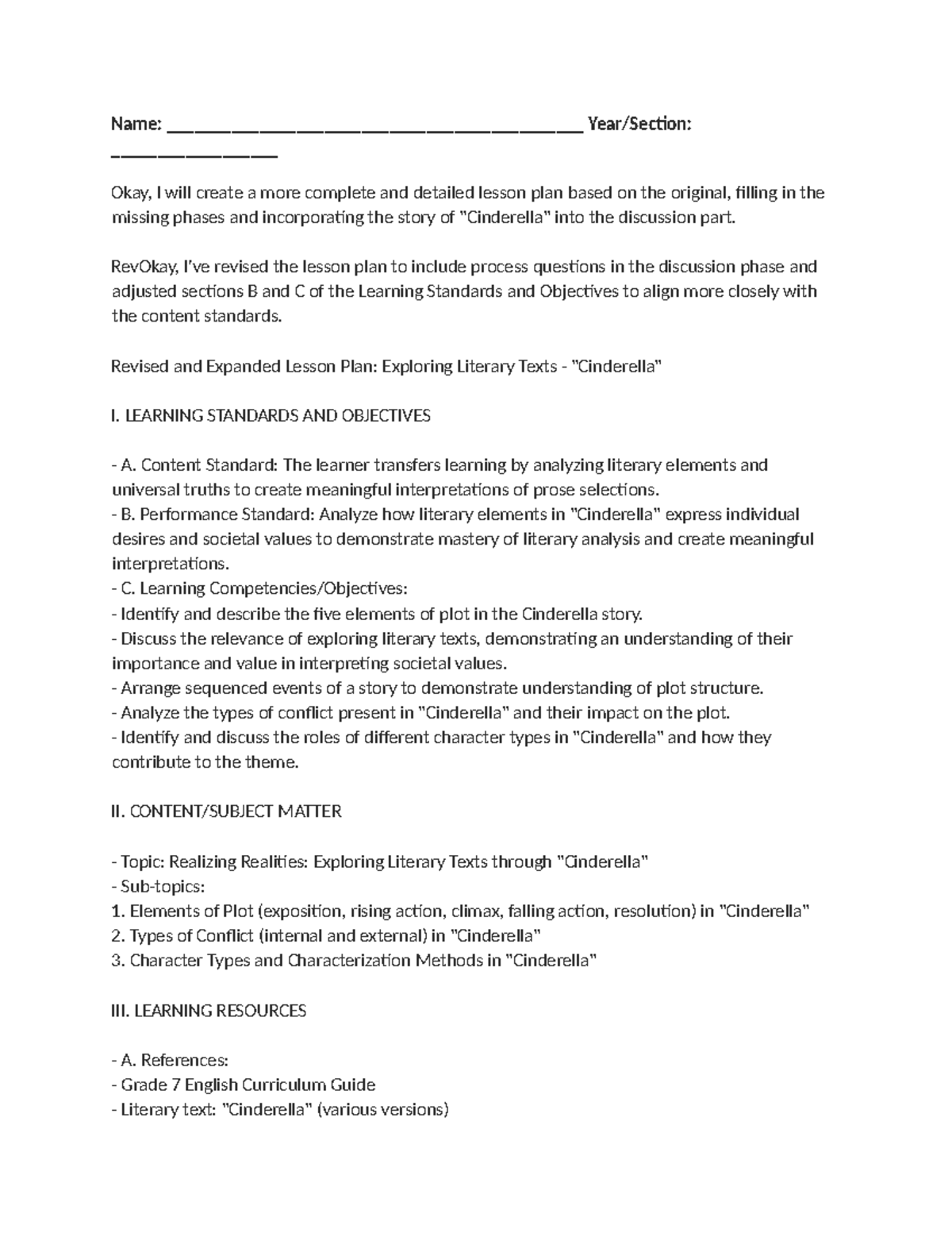 Revised Lesson Plan: Exploring Literary Texts (Grade 7) - Studocu
