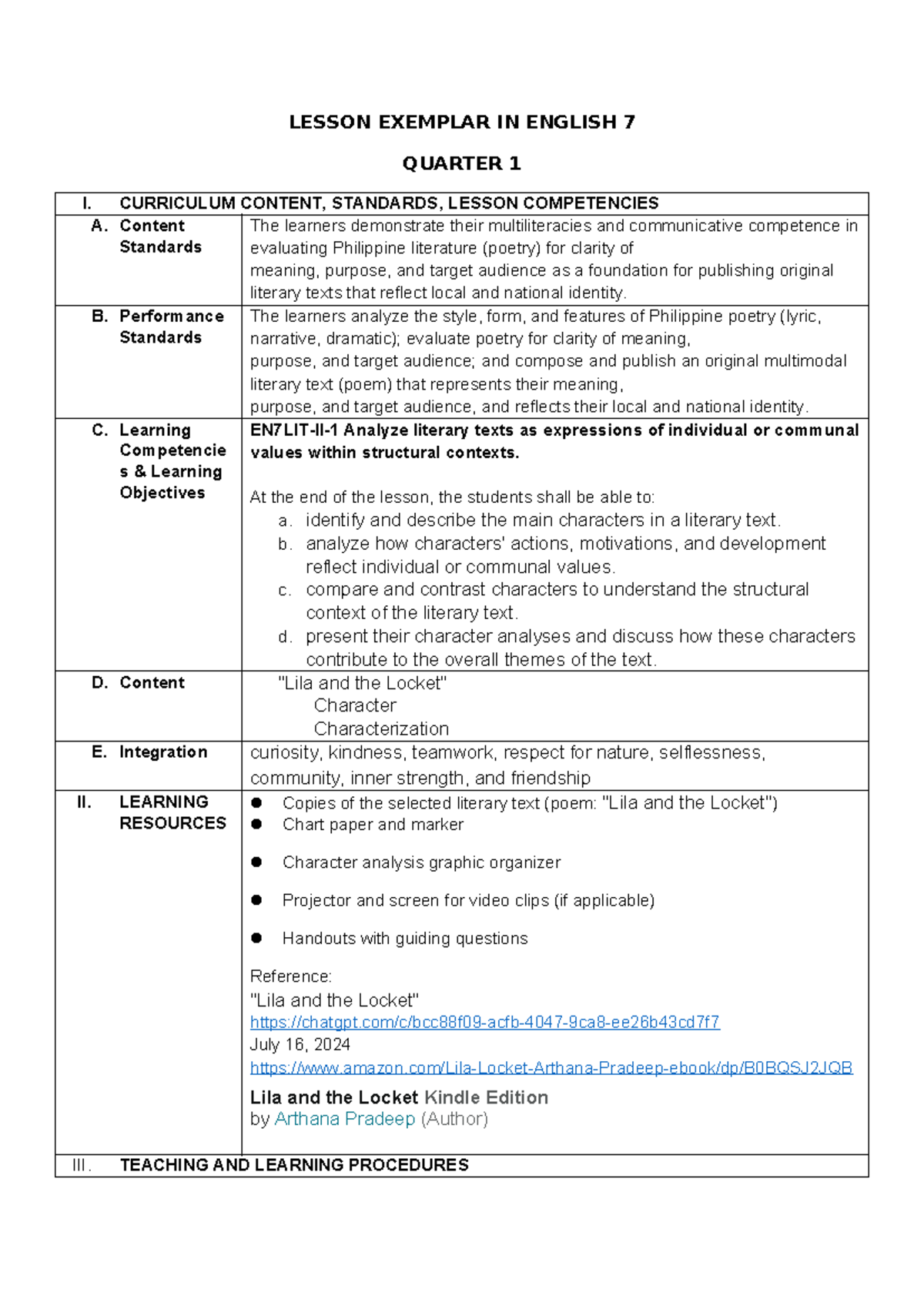 Lesson PLAN IN English 7.Q1- Matatag Curriculum - LESSON EXEMPLAR IN ...