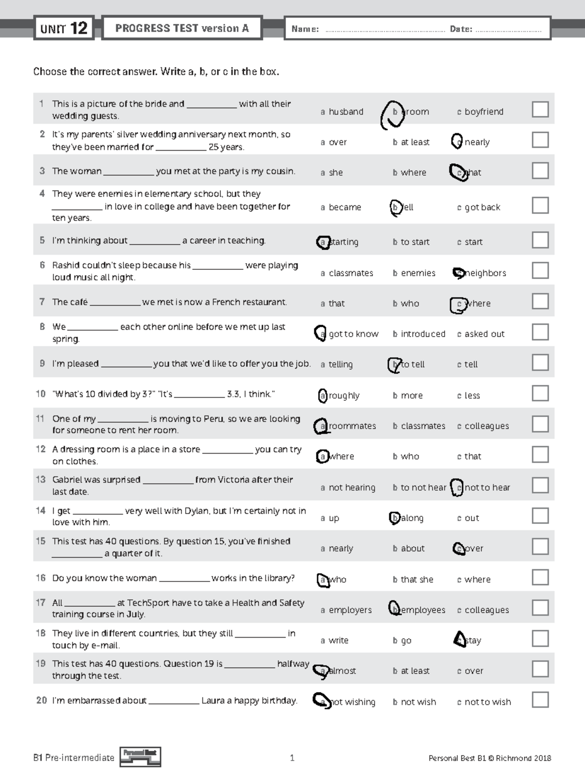B1 Unit 12 Progress Test Version A - Personal Best 2018 - Studocu