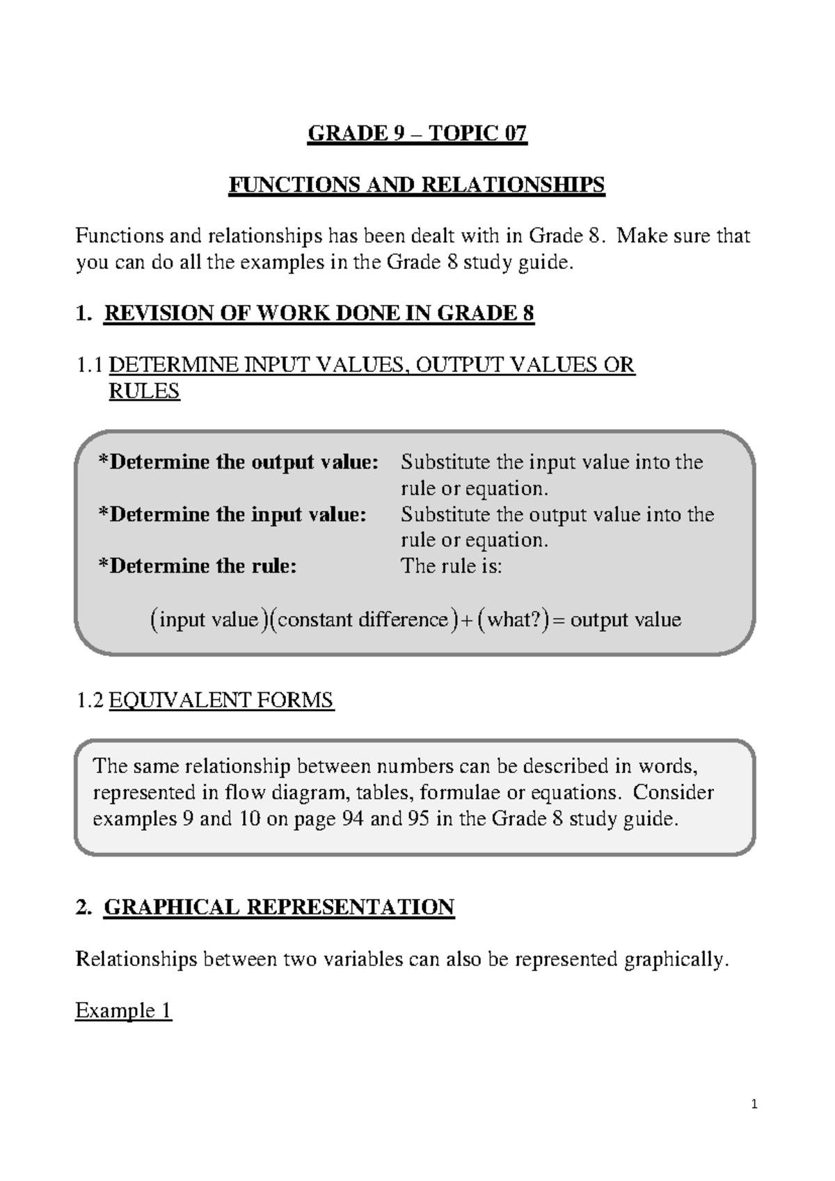 GRADE 9 TOPIC 07: FUNCTIONS AND RELATIONSHIPS NOTES - Studocu