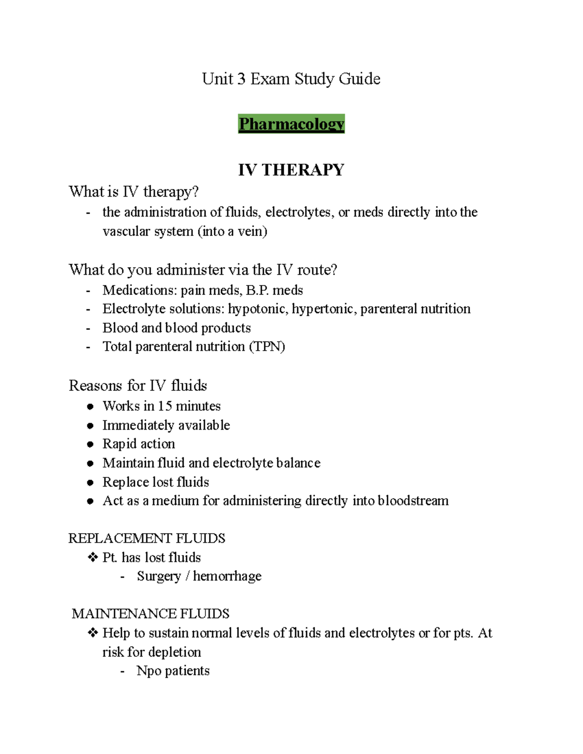 Unit 3 Exam Study Guide: Pharmacology IV Therapy Essentials - Studocu